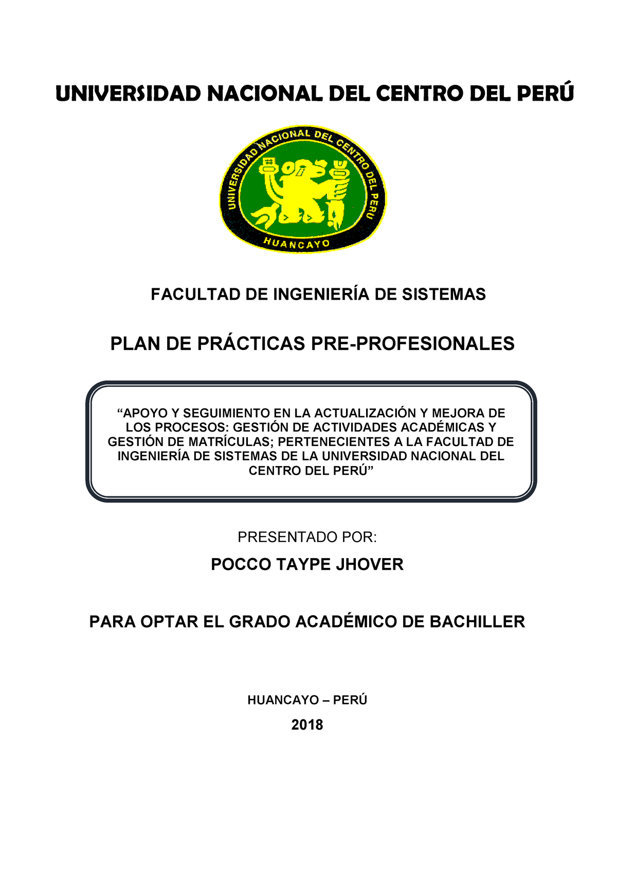 Plan De Practicas Pre Profesionales Universidad Nacional Del Centro