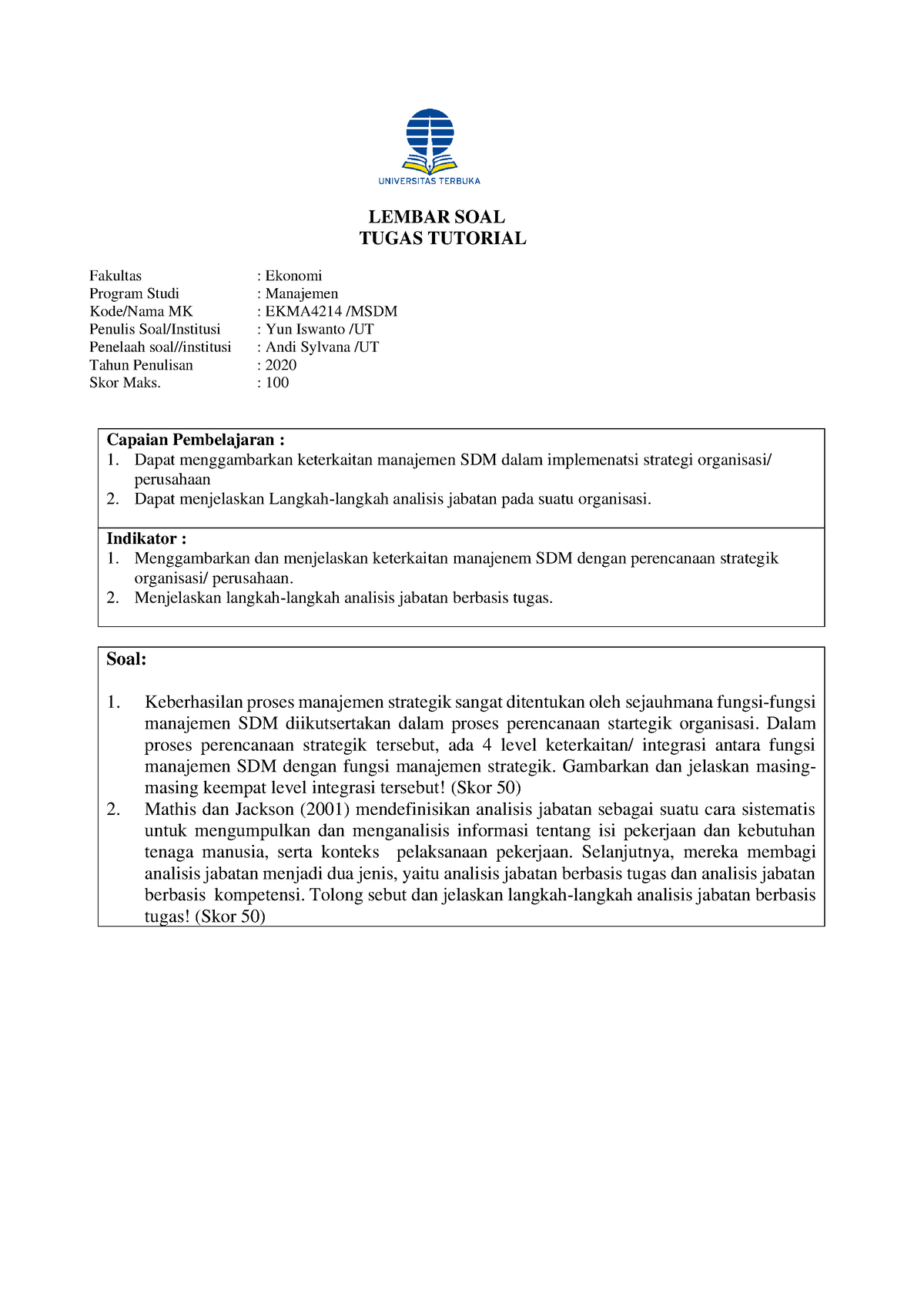 Tt1 Ekma4214 Manajemen Sumber Daya Manusia Lembar Soal Tugas Tutorial