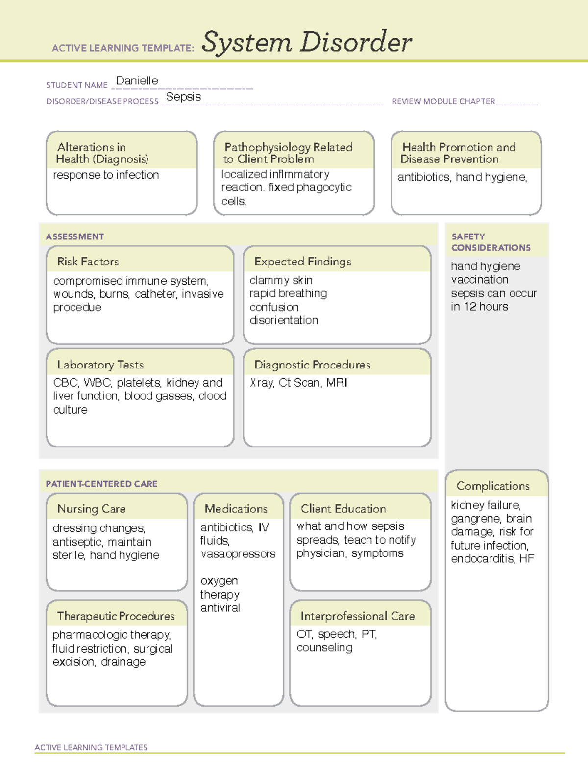 Sepsis Active Learning Templates System Disorder Student Name Studocu