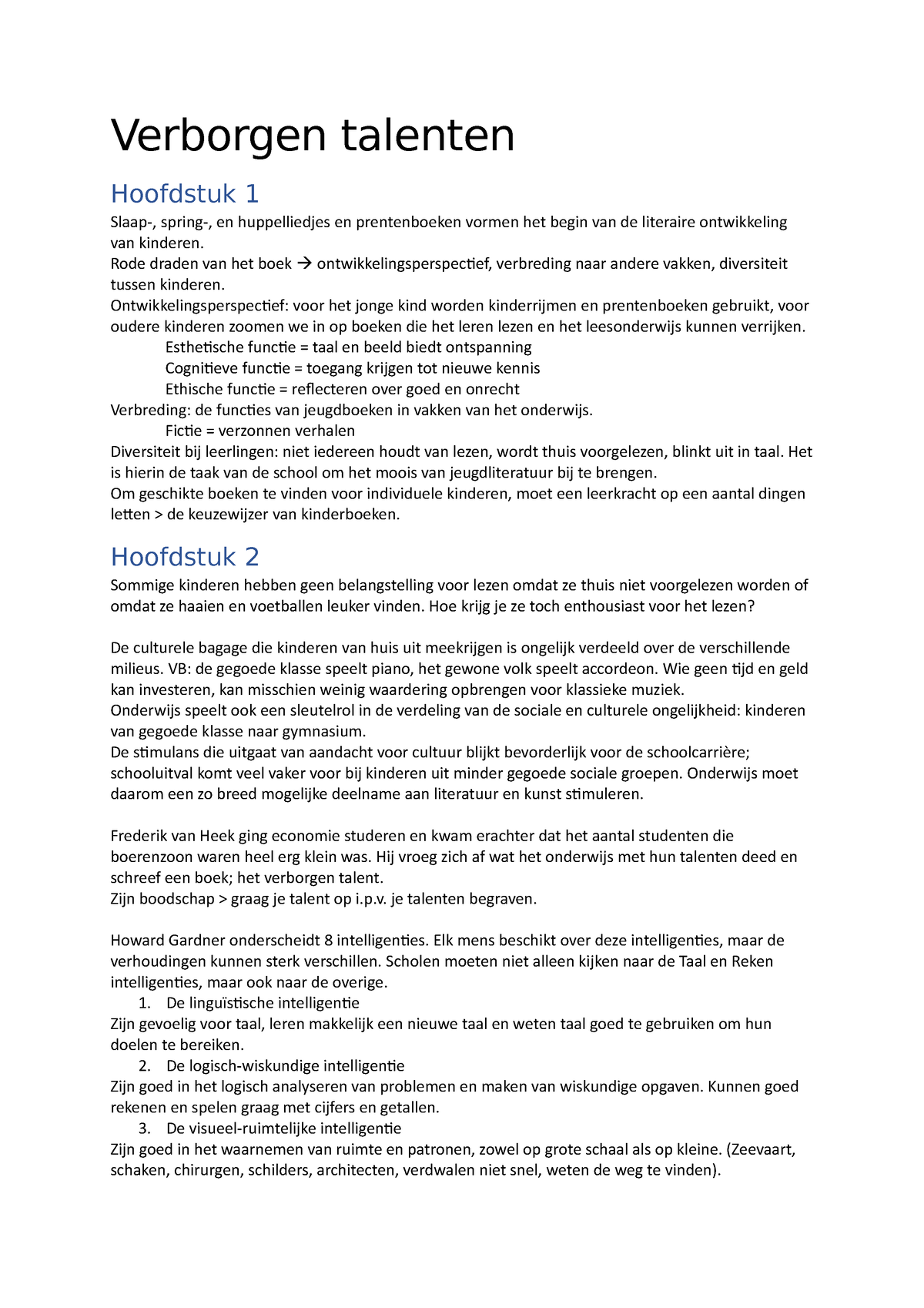 Samenvatting Verborgen Talenten H1 Tm H9 Verborgen Talenten Hoofdstuk