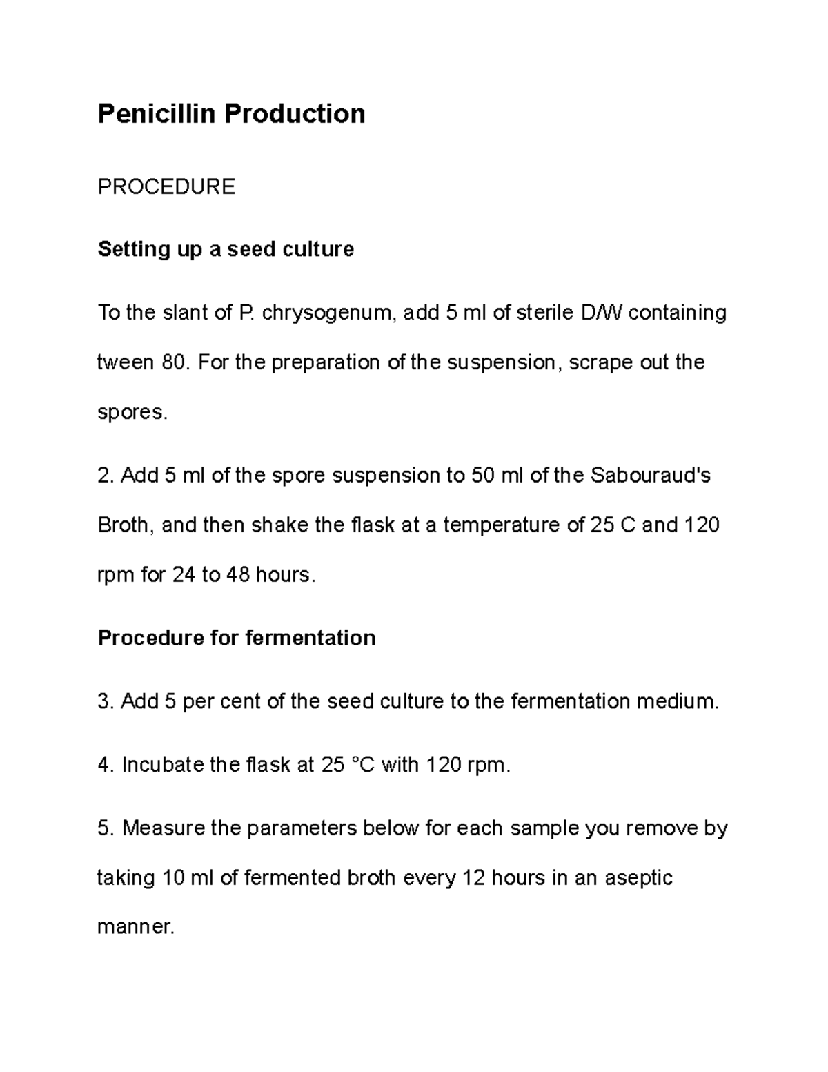 Penicillin Production Penicillin Production Procedure Setting Up A