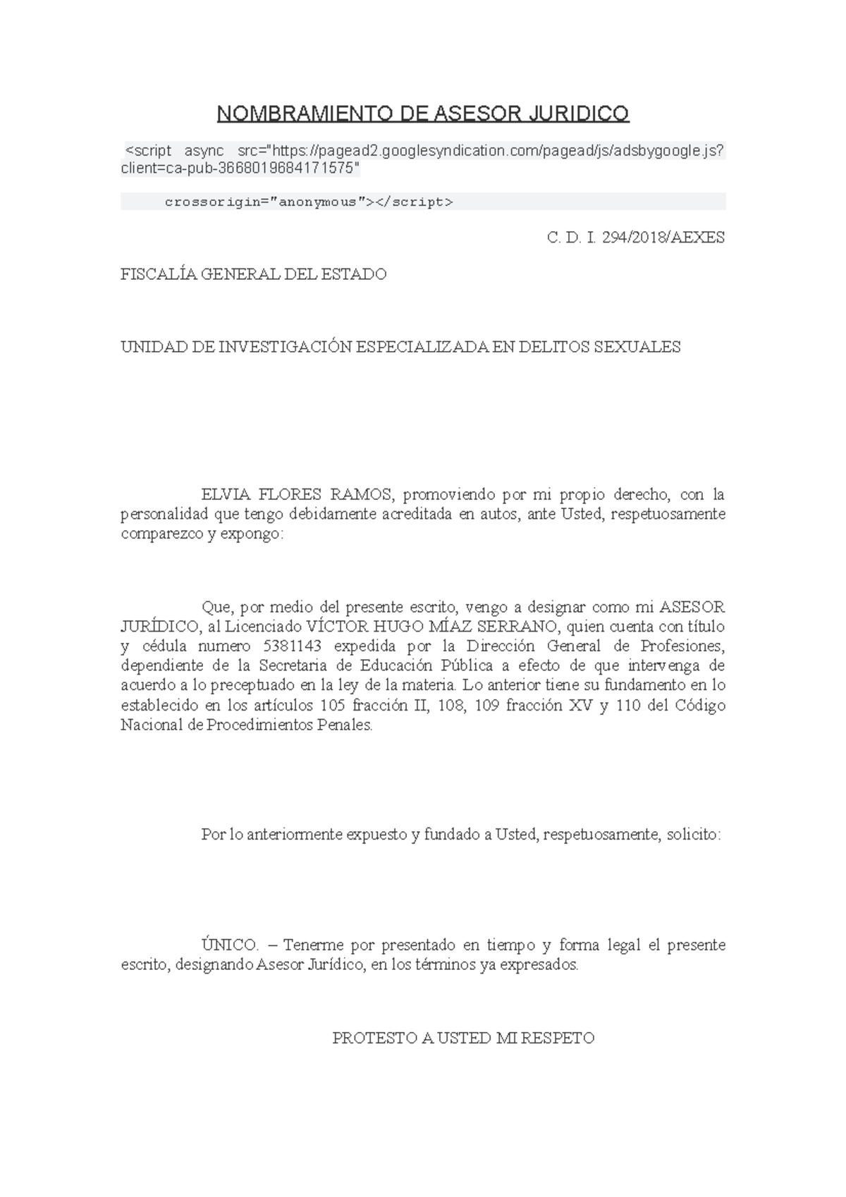 Nombramiento De Asesor Juridico Formato De Escrito Nombramiento De