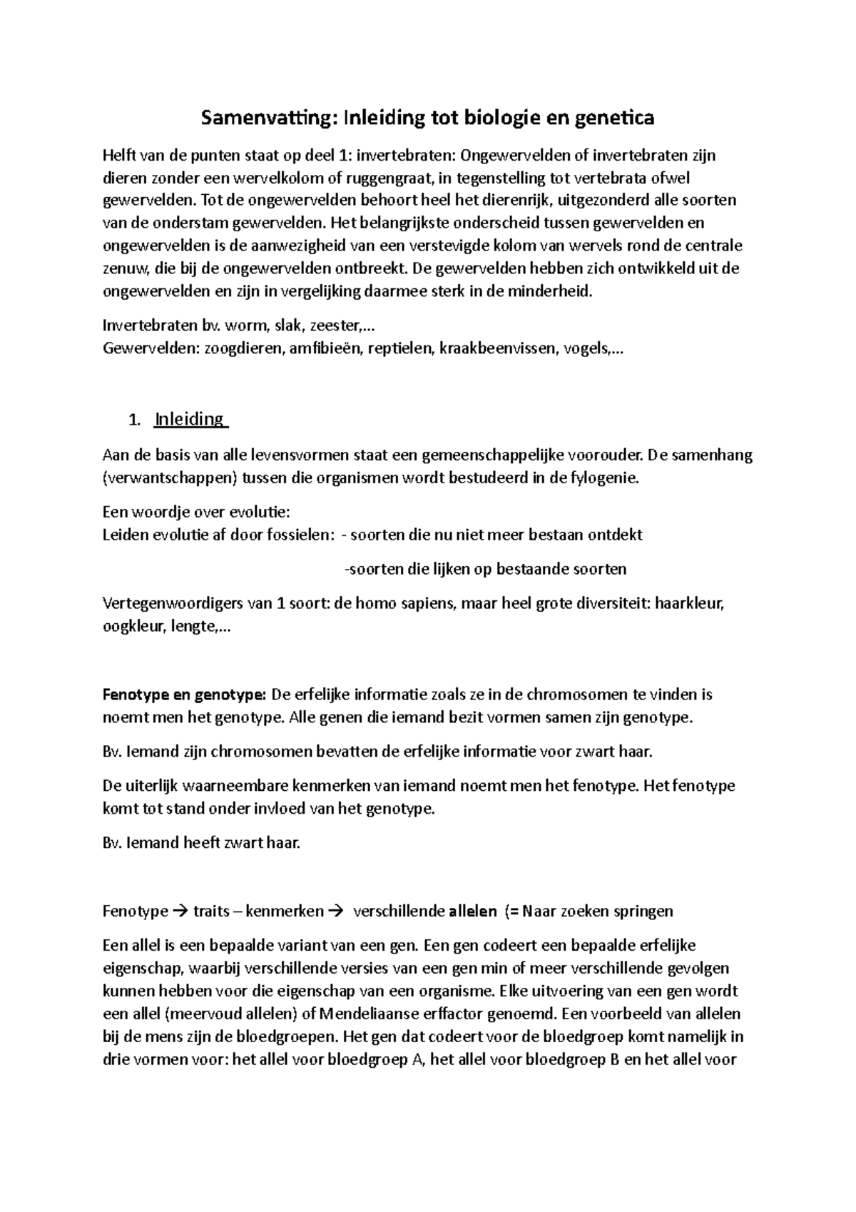 Samenvatting 1 Biologie Samenvatting Inleiding Tot Biologie En