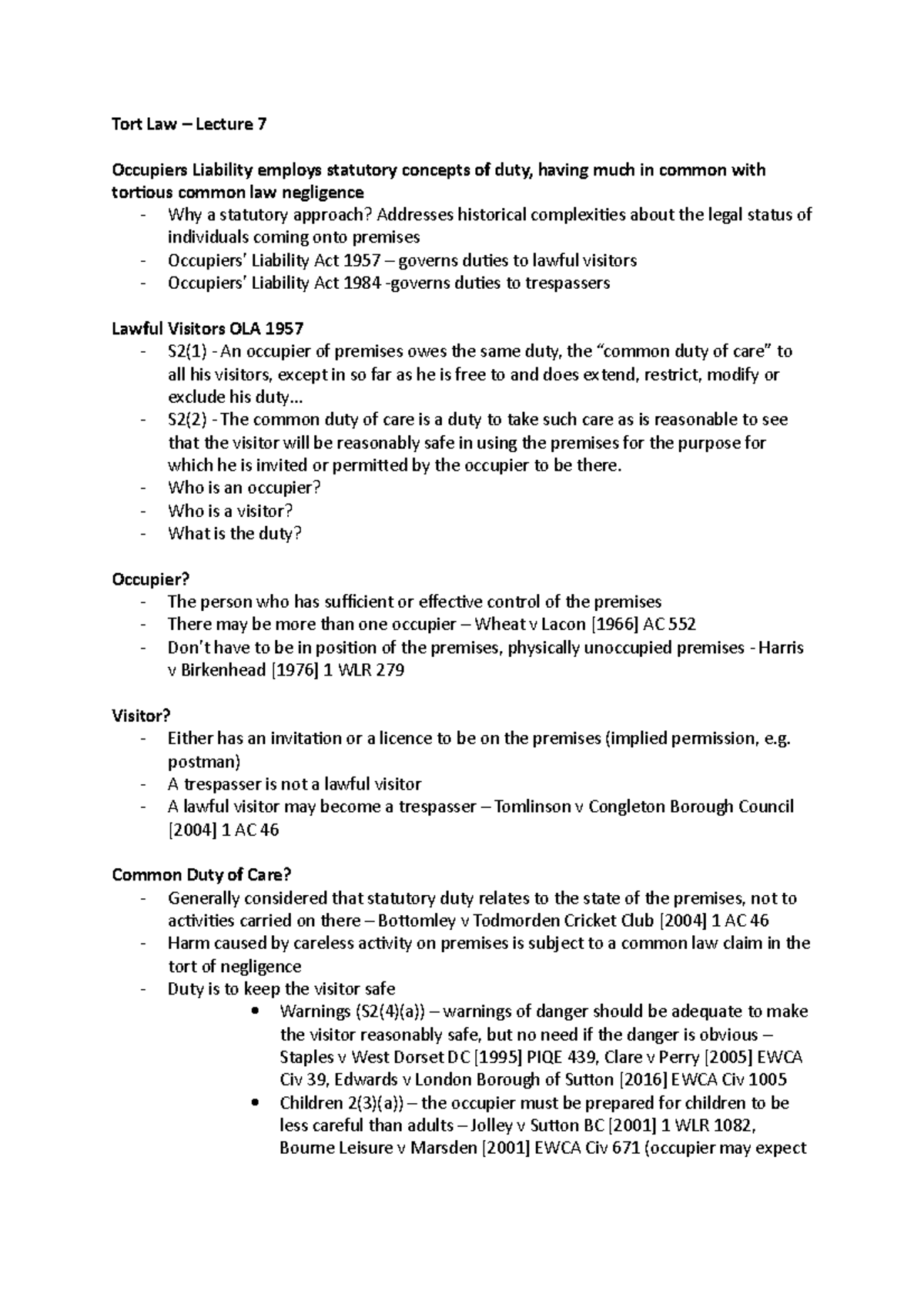 Tort Law L7 Tort Law Lecture 7 Occupiers Liability Employs