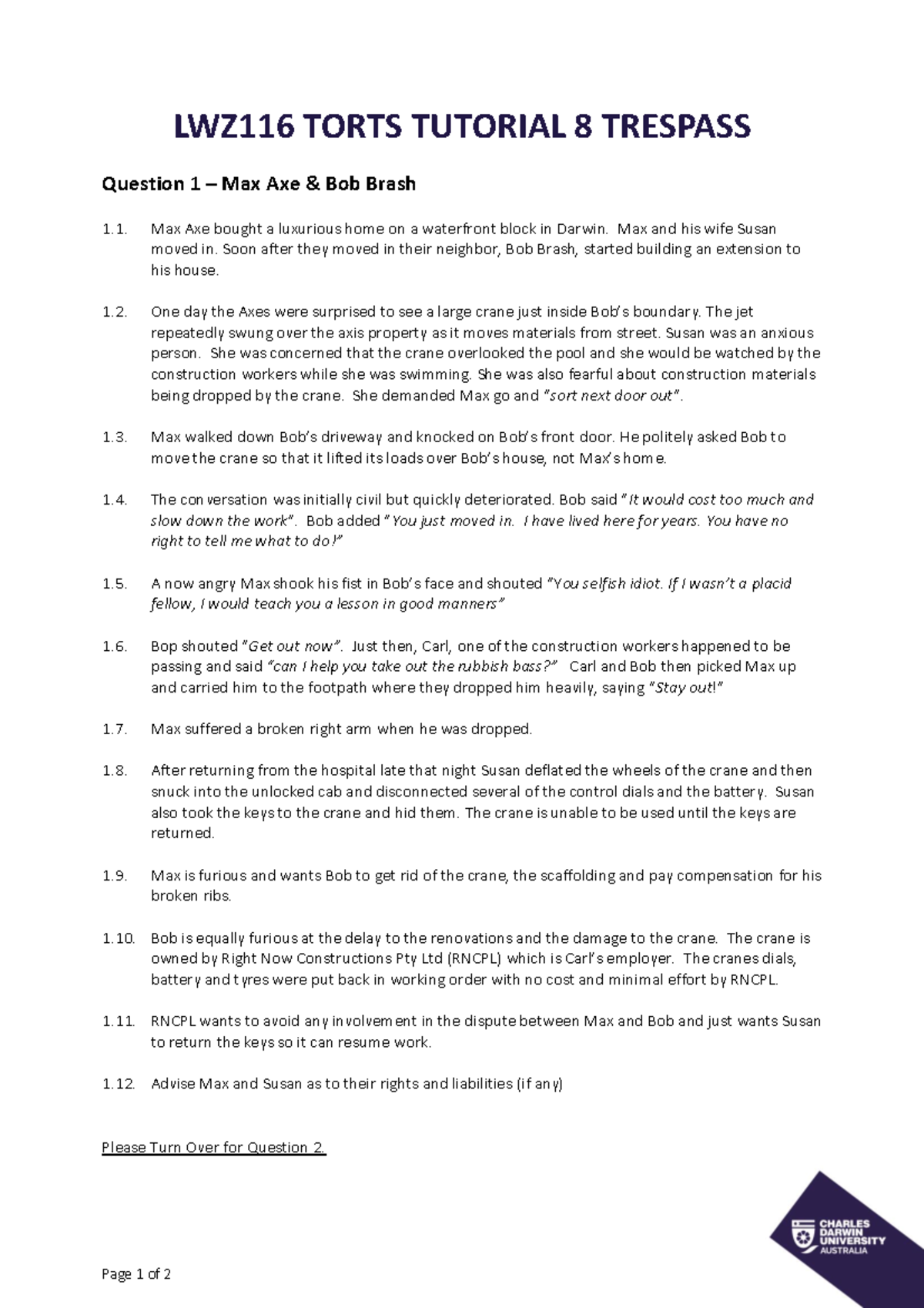 Tutorial 8 Trespass Problem Page 1 Of 2 Lwz116 Torts Tutorial 8