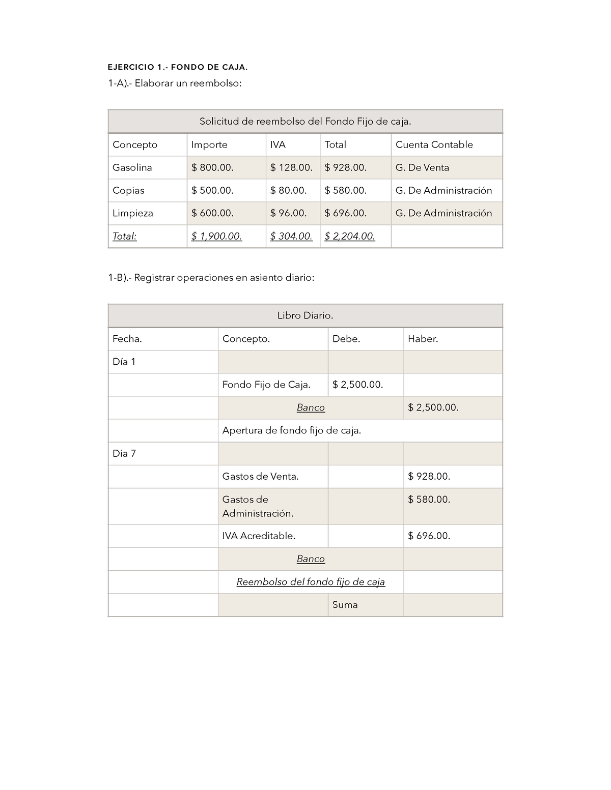 Entregable 2 Contabilidad Financiera Ejercicio 1 Fondo De Caja 1 A