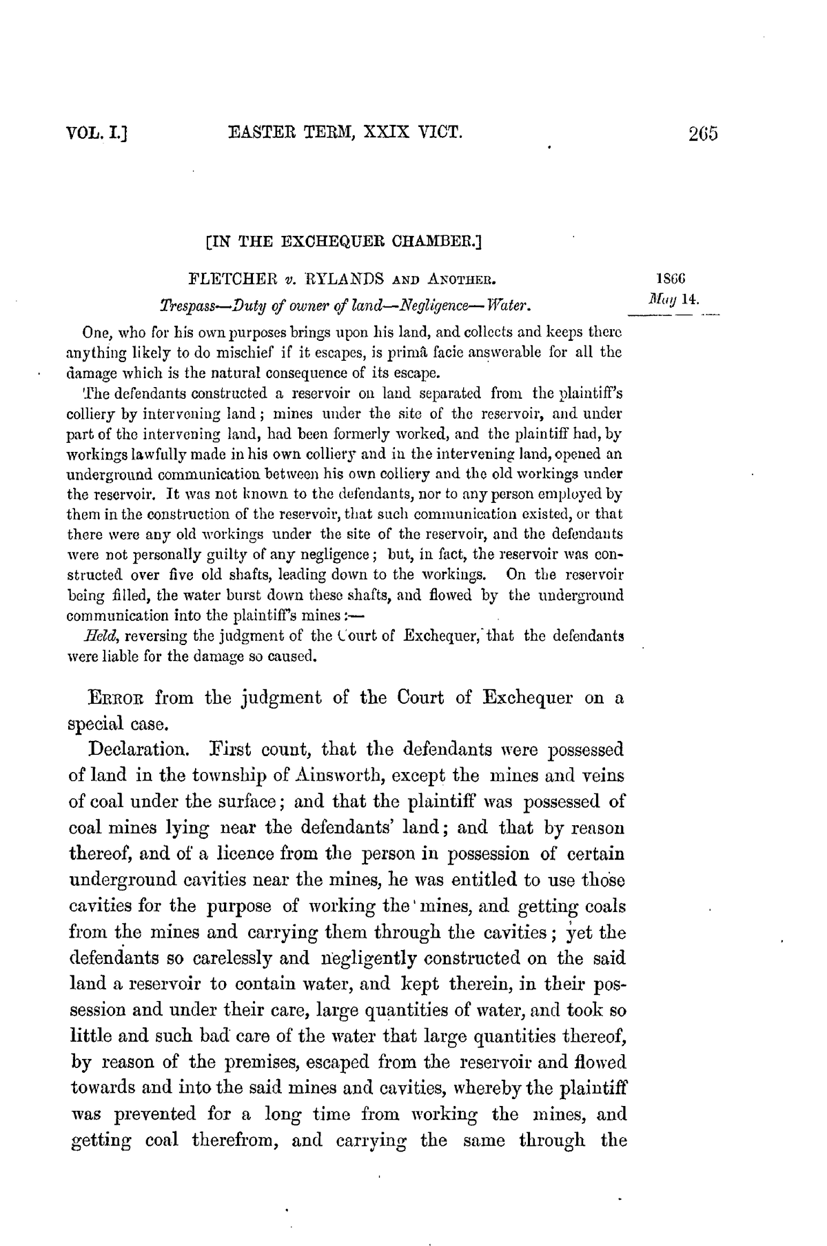 Fletcher V Rylands And Another 1866 Lr 1 Exch 265 Law Of Torts