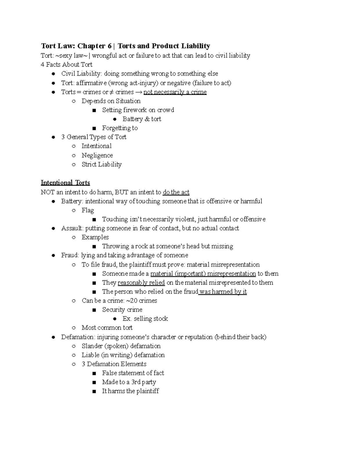 Blaw Test 1 Notes Tort Law Chapter 6 Torts And Product Liability