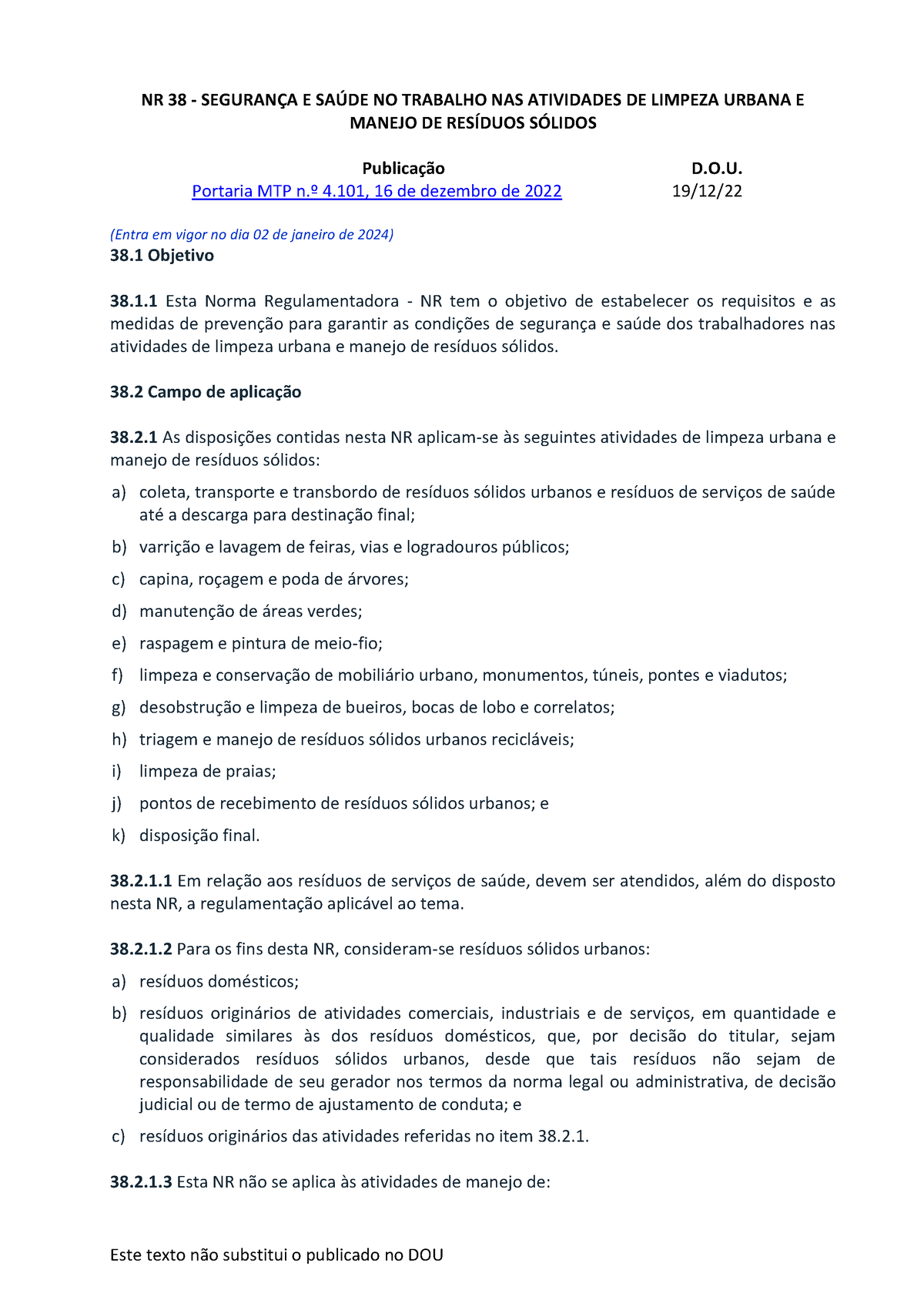 Nr 38 Atualizada 2022 1 Segurança E Saúde No Trabalho Nas Atividades