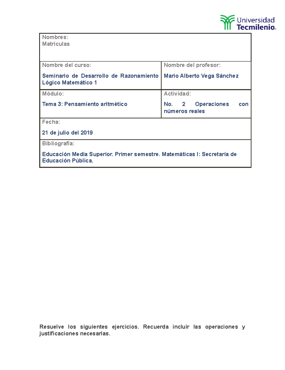 Matemáticas Actividad 2 Nombres Matriculas Nombre Del Curso Nombre