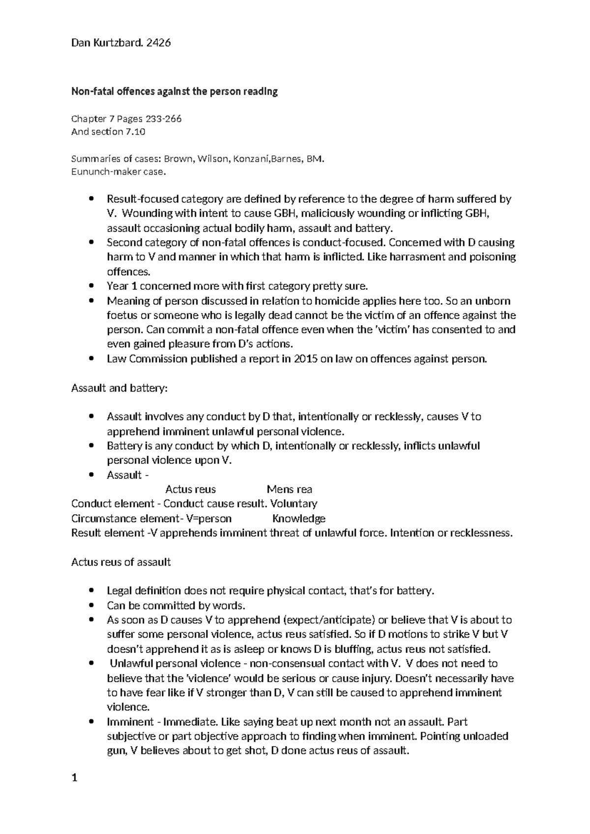 Oapa Summary Tort Law Tort Law Non Fatal Offences Against The