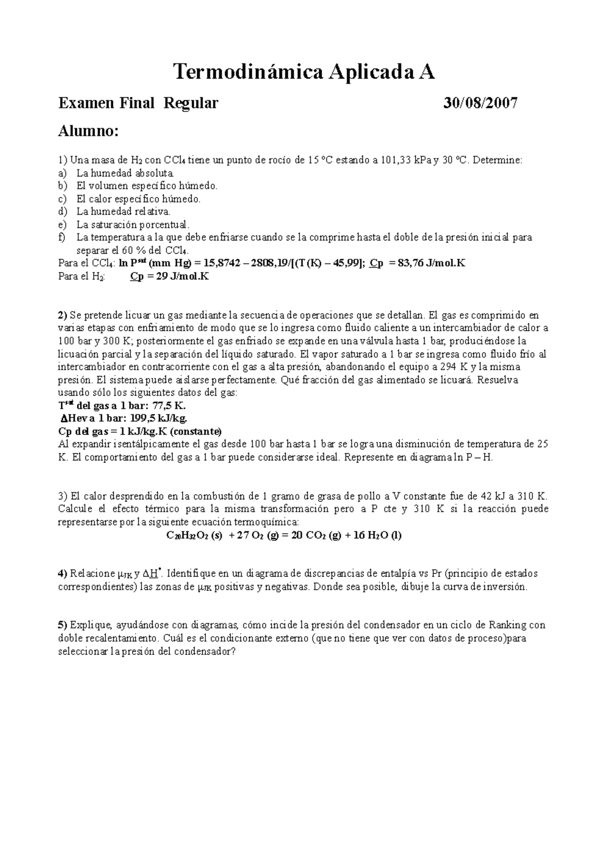 Examen 24 Agosto 2015 Preguntas Termodinámica Aplicada A Examen