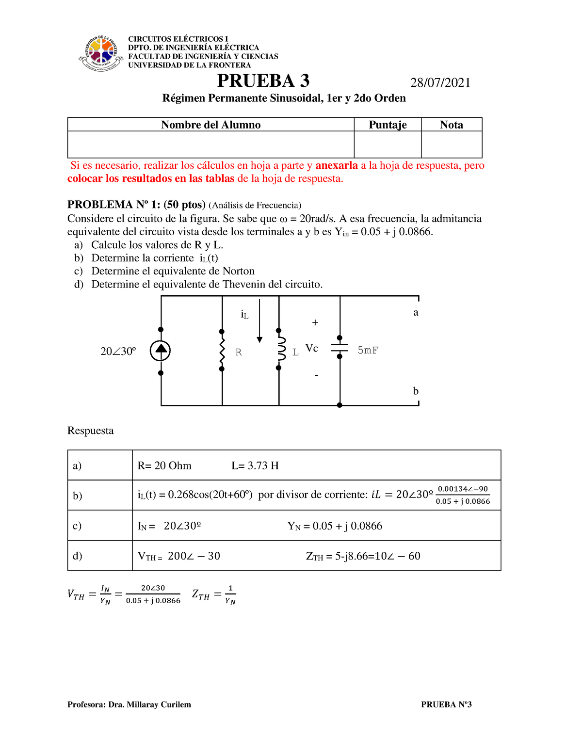 Prueba 3 Pauta Redes Eléctricas I Dpto De IngenierÍa ElÉctrica