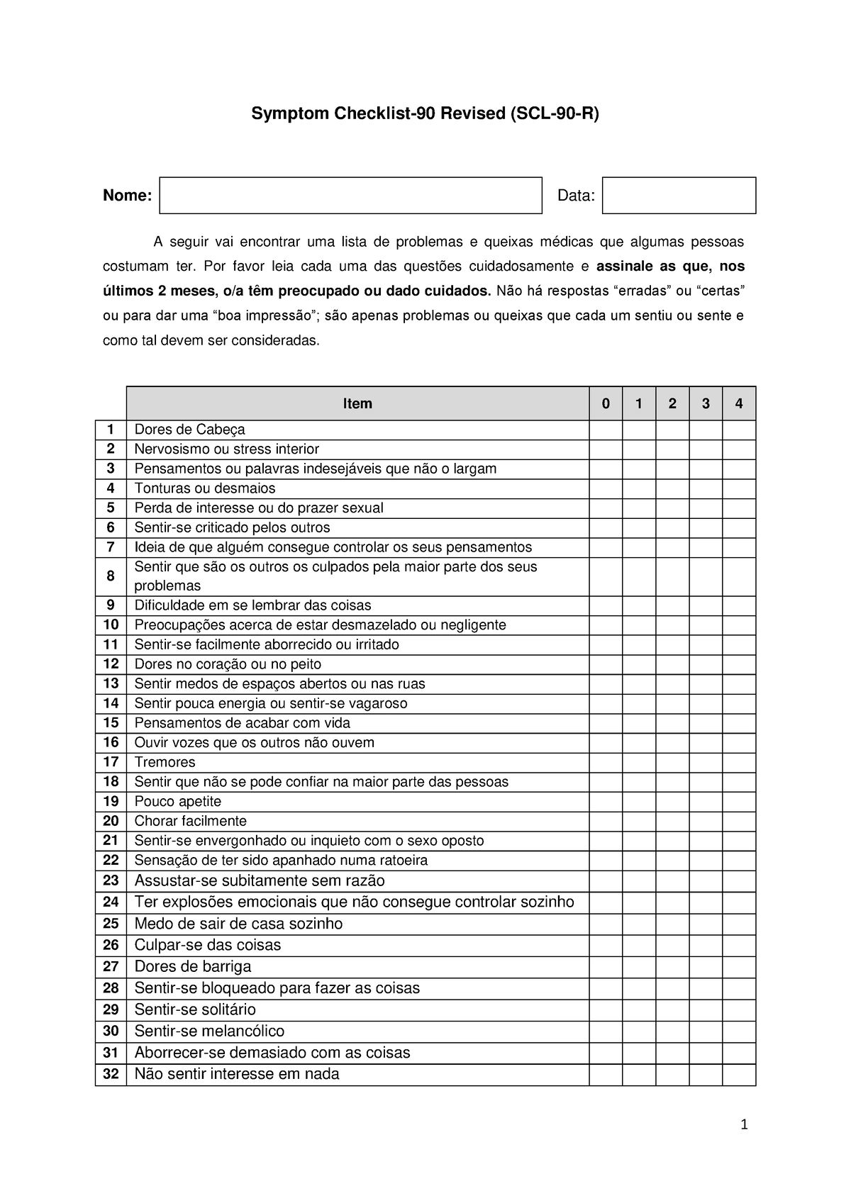 Scl 90 R Scl 90 R 1 Symptom Checklist 90 Revised Scl 90 R Nome