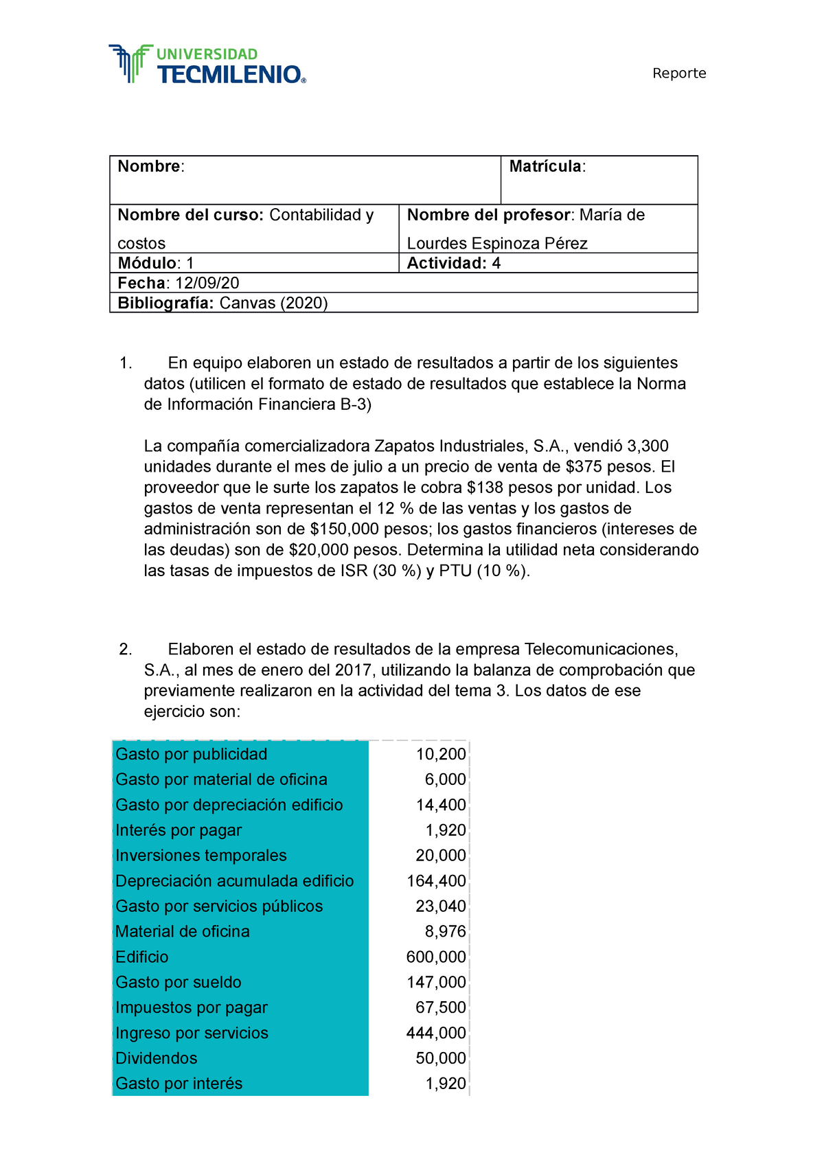 Actividad 4 Contabilidad Reporte Nombre Matrícula Nombre Del Curso