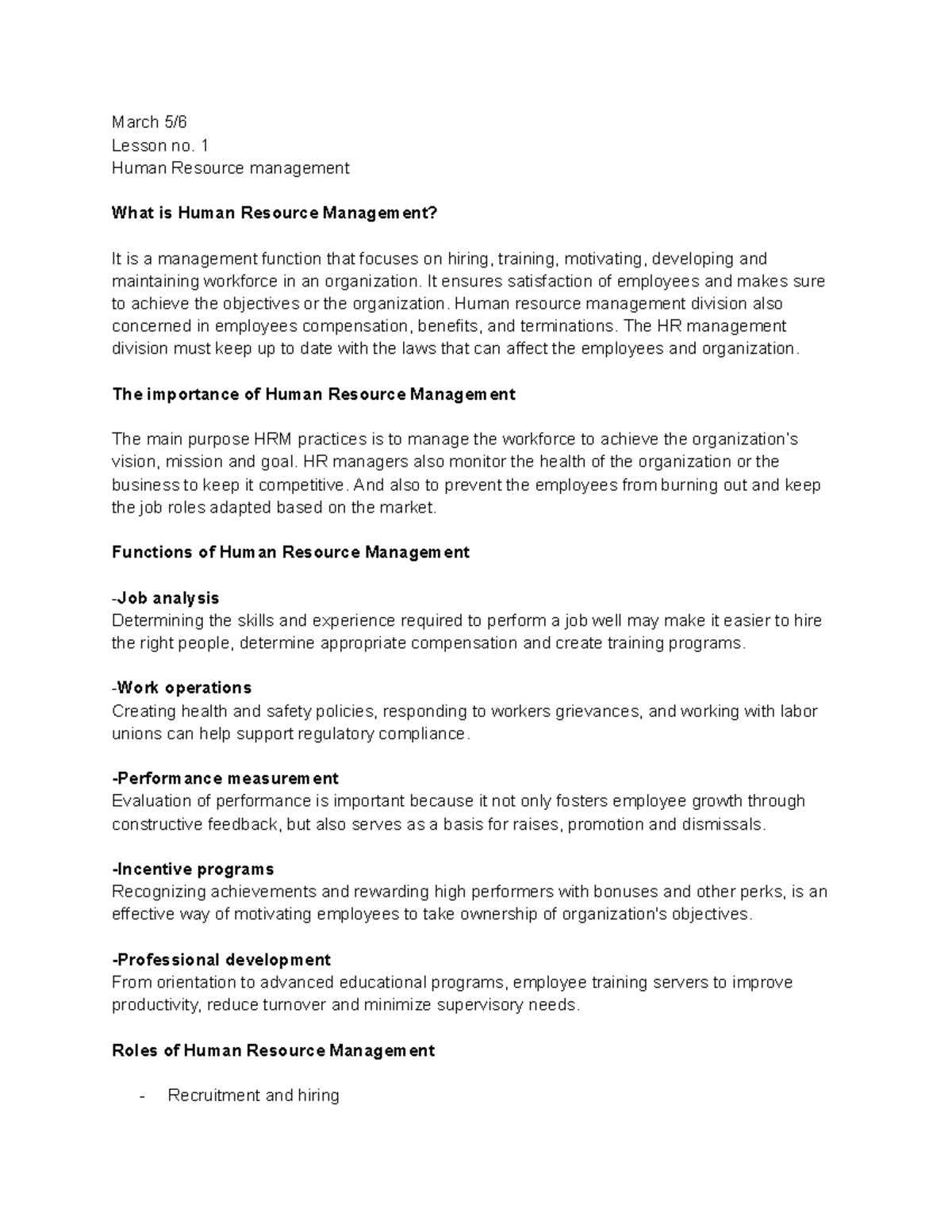 Hrm Lesson 1 Lesson Notes March 5 Lesson No 1 Human Resource