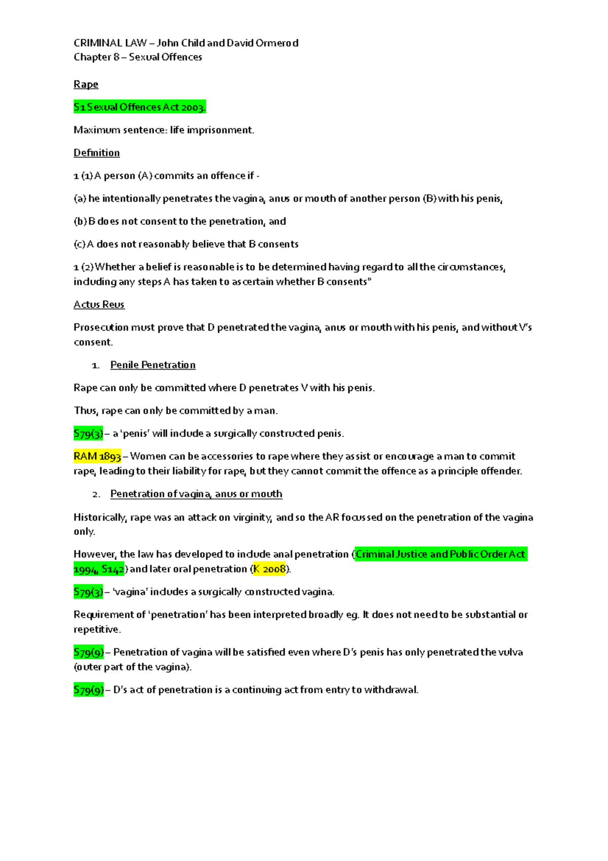 Criminal Law Chapter 8 Sexual Offences Notes Chapter 8 Sexual