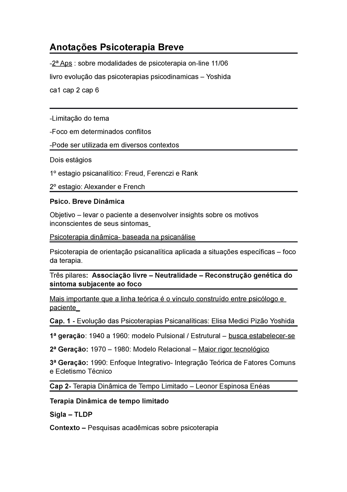 Anotações Psicoterapia Breve Anotações Psicoterapia Breve 2ª Aps