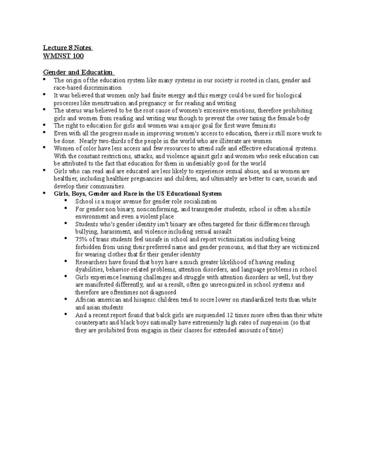 Lecture 8 Notes Summer Class Lecture 8 Notes Wmnst 100 Gender And