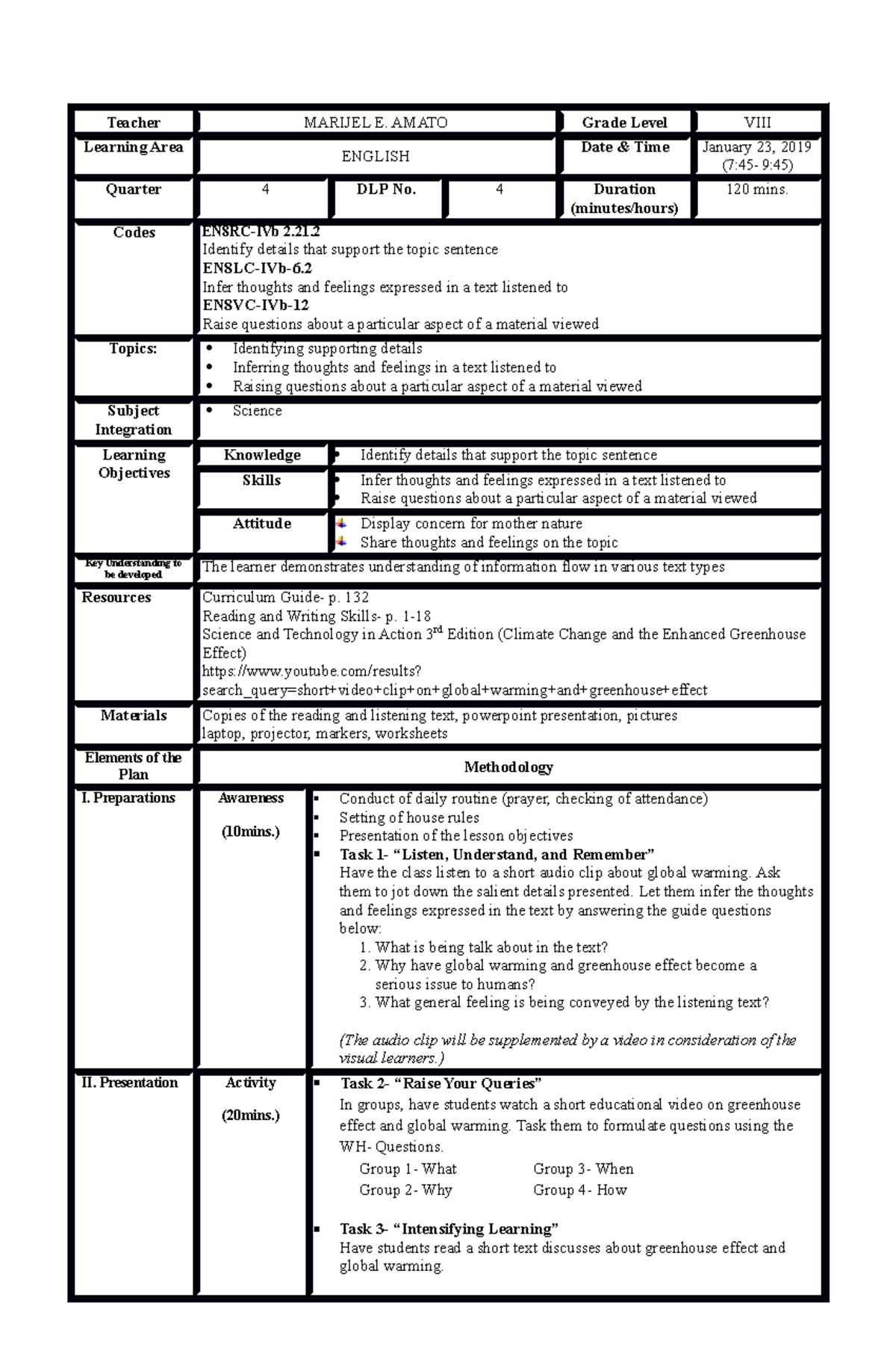 Grade 2 Lesson Plan 4th Quarter