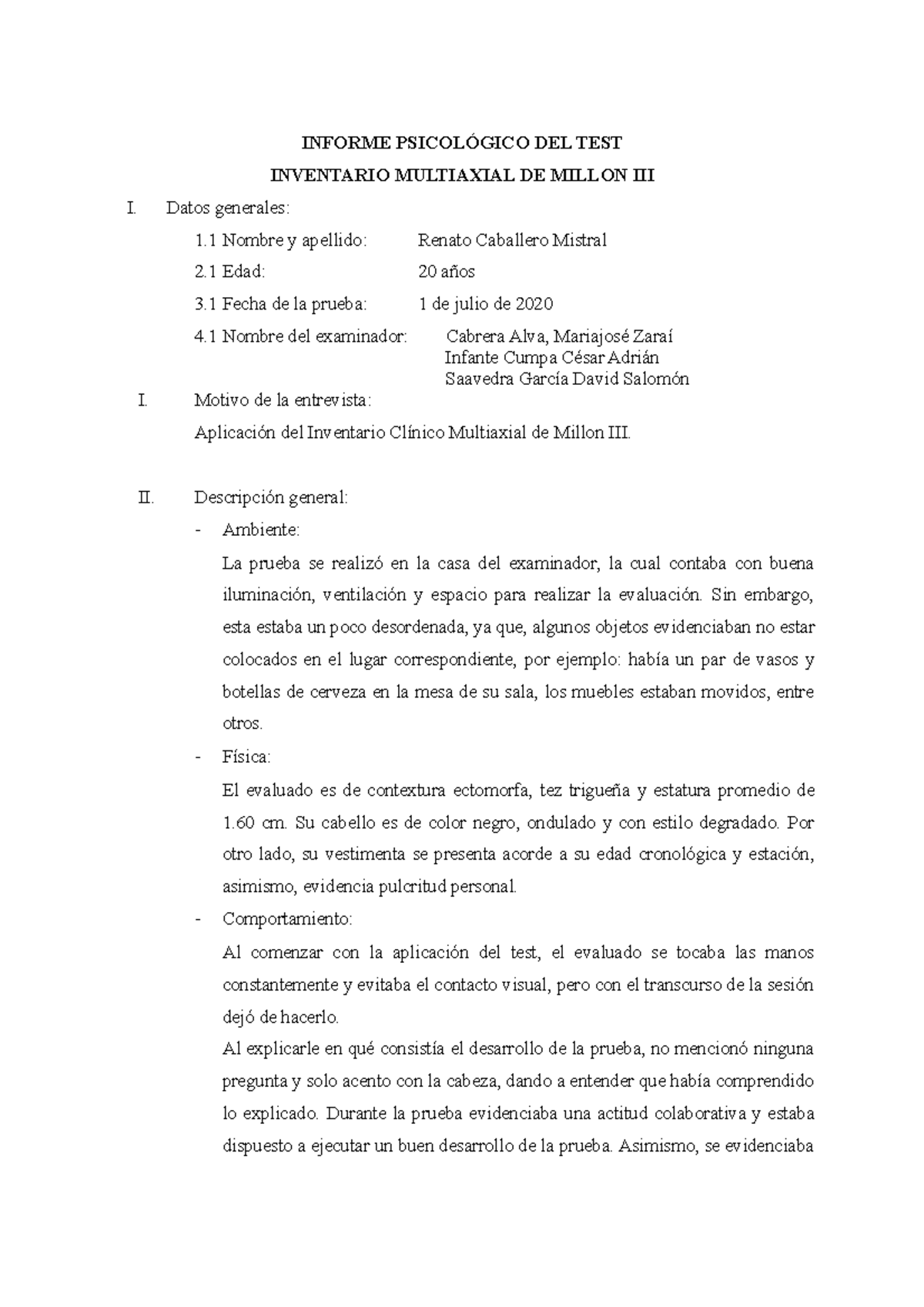 Informe Millon 1 Informe PsicolÓgico Del Test Inventario Multiaxial