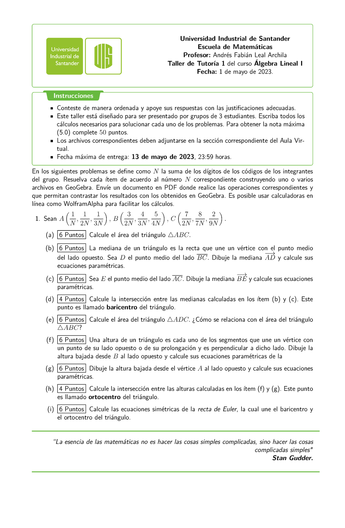 Taller De Tutoría 1 Del Curso Álgebra Lineal I Universidad Industrial