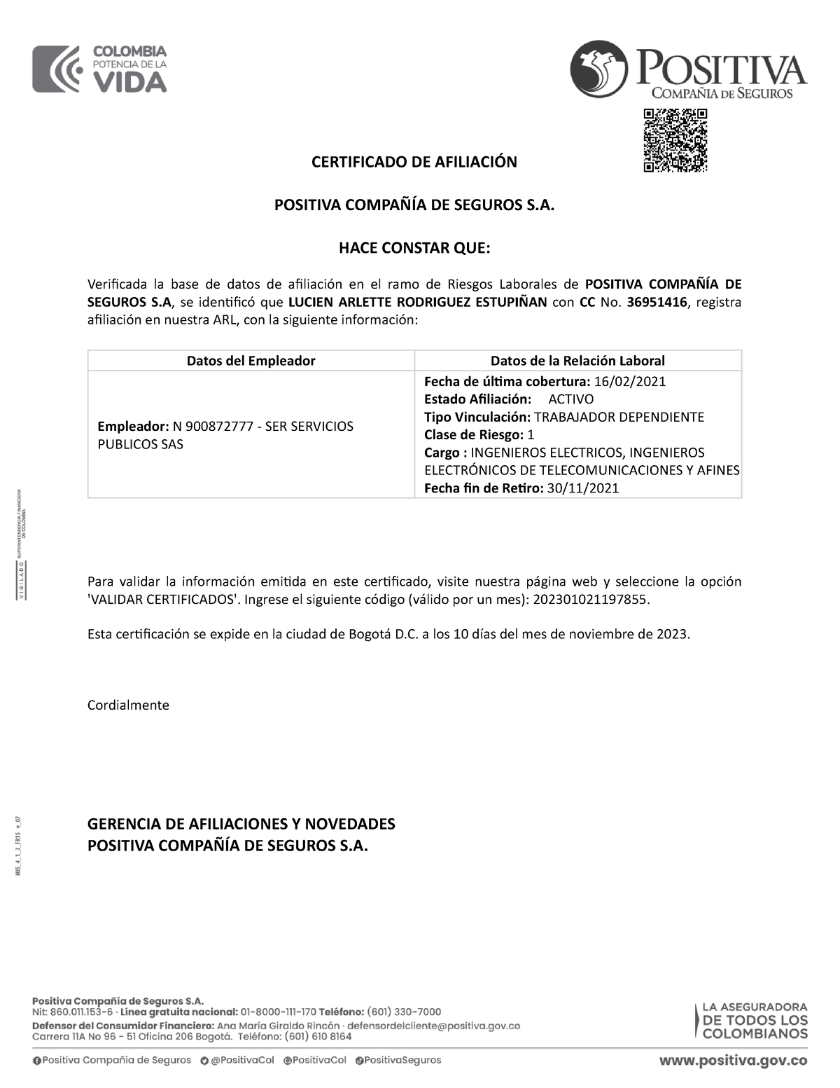 Arl Certificado Certificado De AfiliaciÓn Positiva CompaÑÍa De