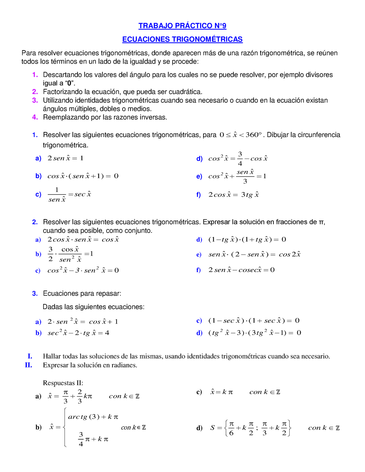 Tp N°9 Ecuaciones Trigonométricas Trabajo PrÁctico N° Ecuaciones