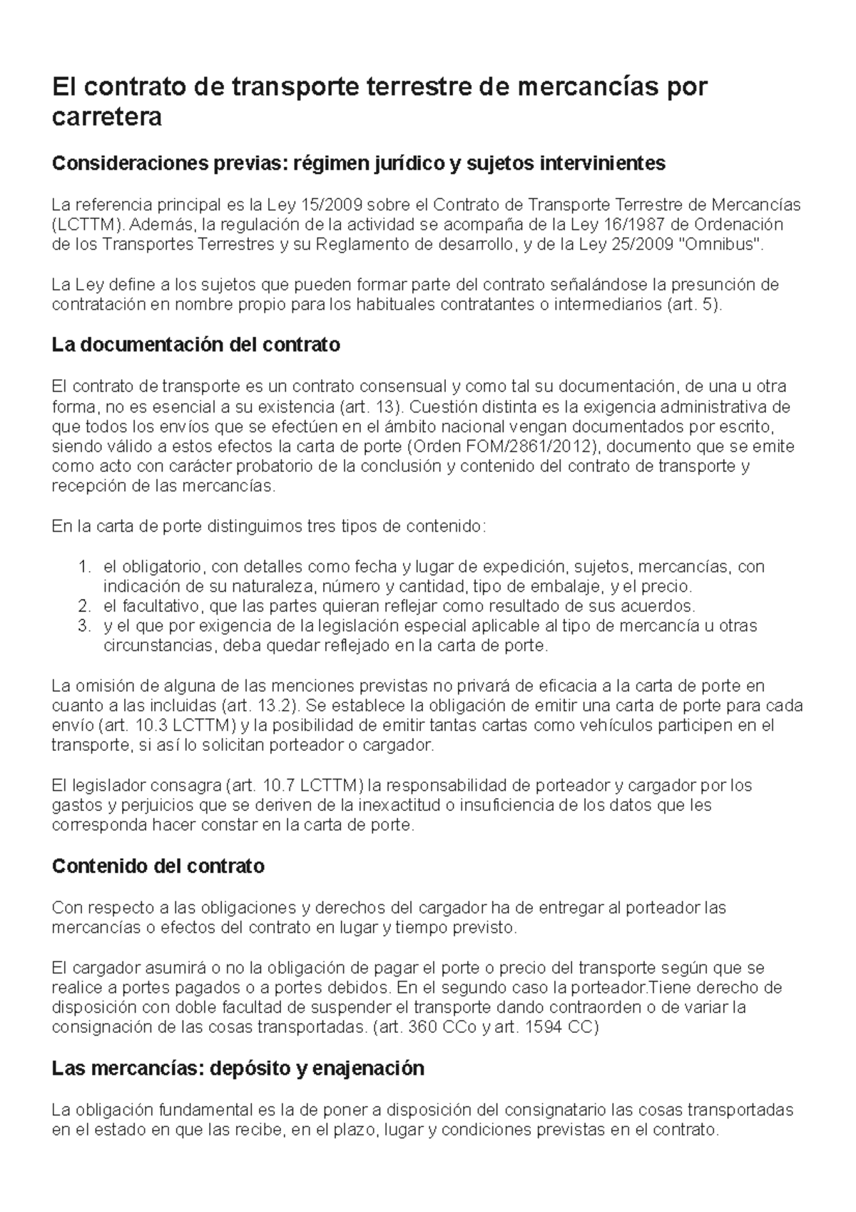 El Contrato De Transporte Terrestre De Mercancías Por Carretera