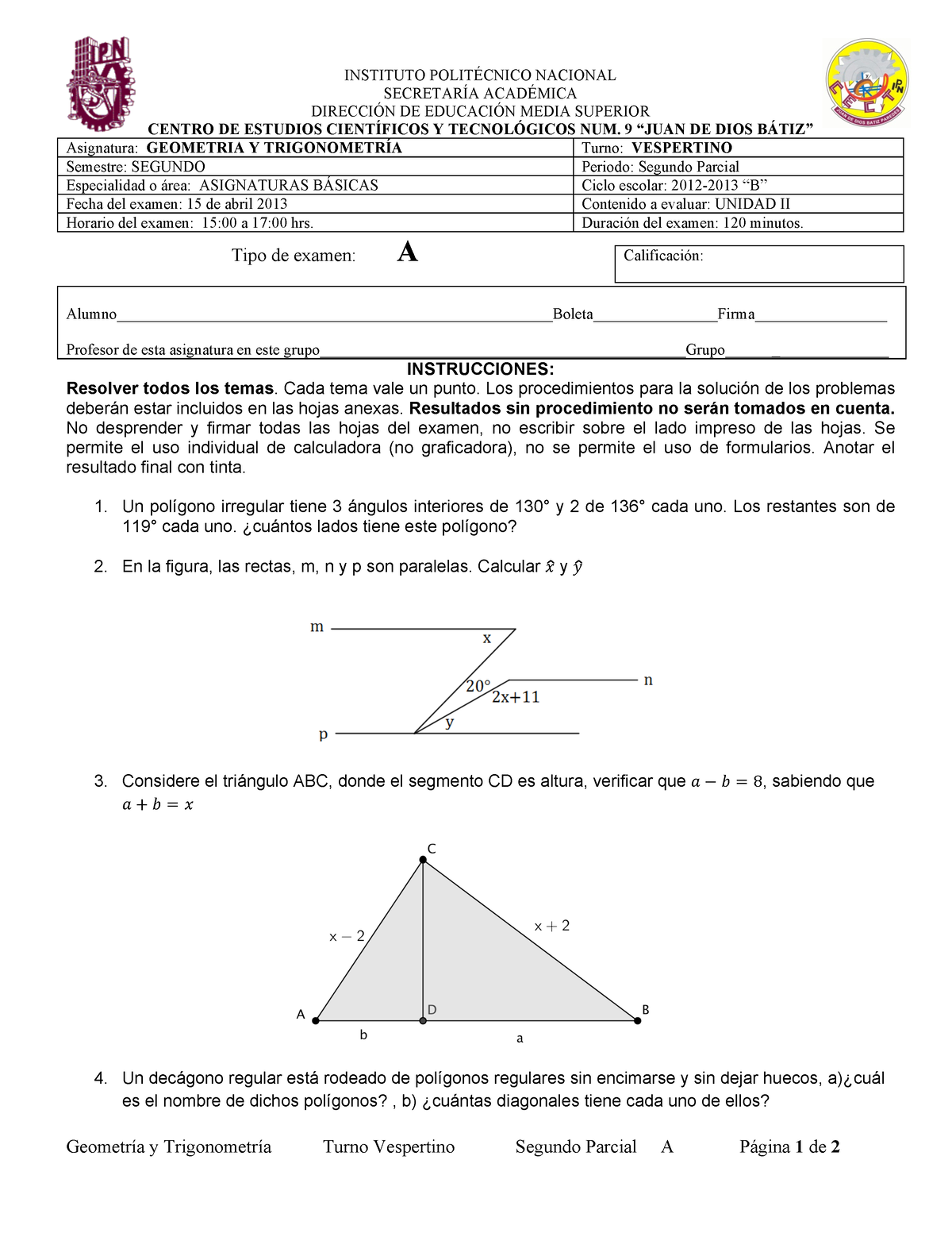 Examen Gyt 2° Parcial Geometría Y Trigonometría Turno Vespertino