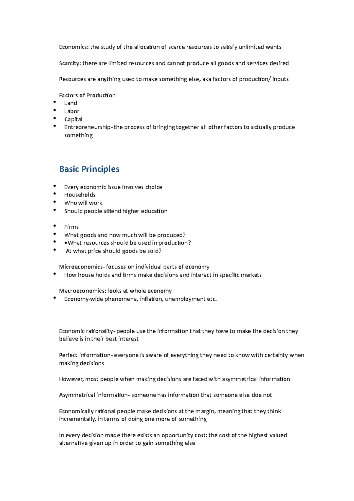 Economics Ch1 Notes From Ch1 And Lecture 1 Economics The Study Of