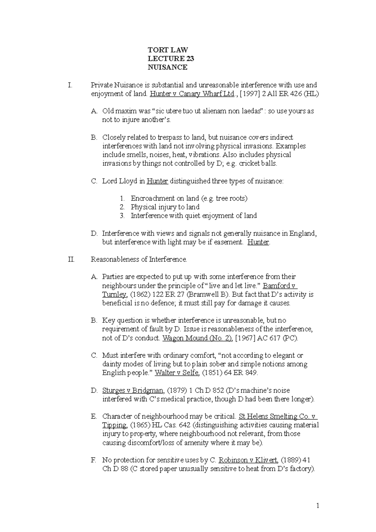 Lecture 23 24 Notes Tort Law Lecture 23 Nuisance I Private Nuisance