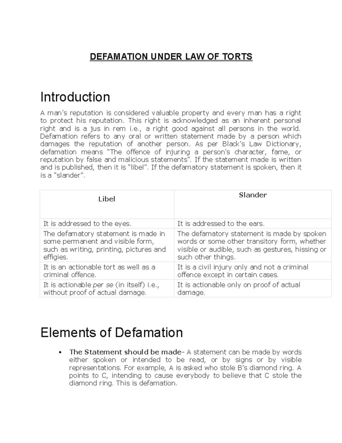 Defamation Under Law Of Torts Defamation Under Law Of Torts