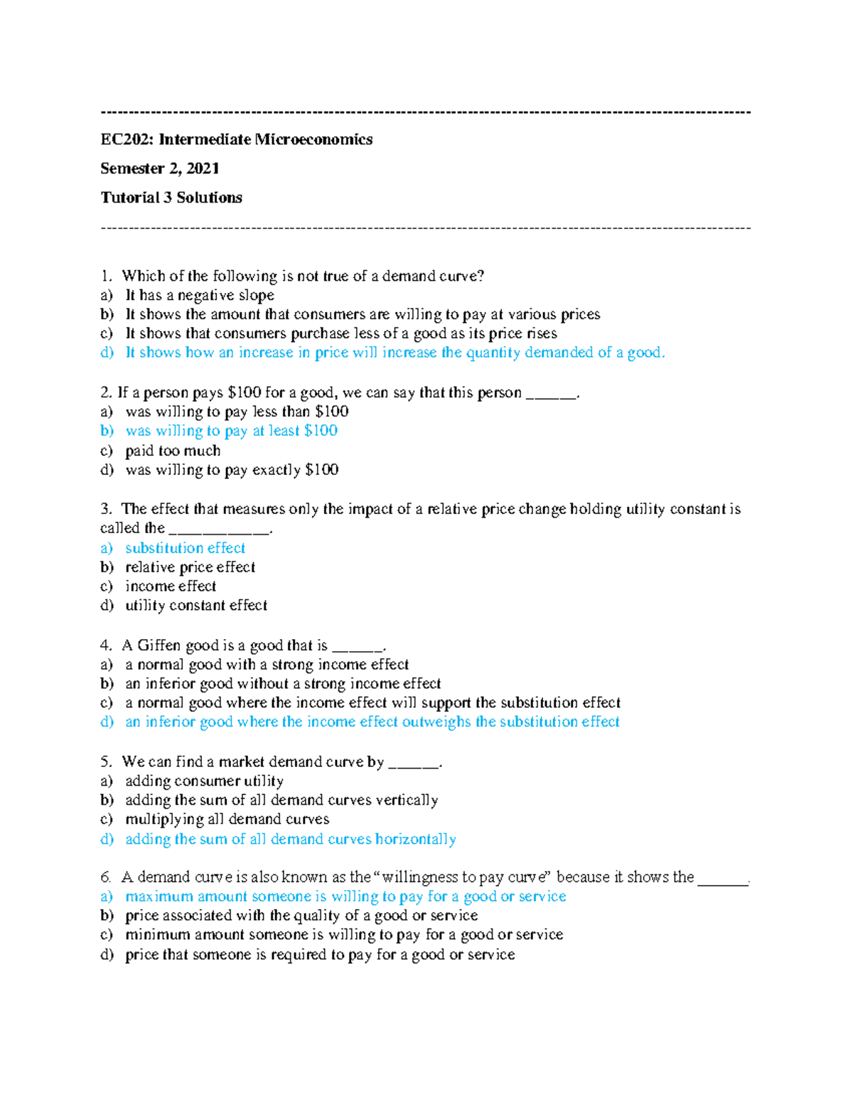 Ec202 Tutorial 3 Solutions Ec202 Intermediate Microeconomics