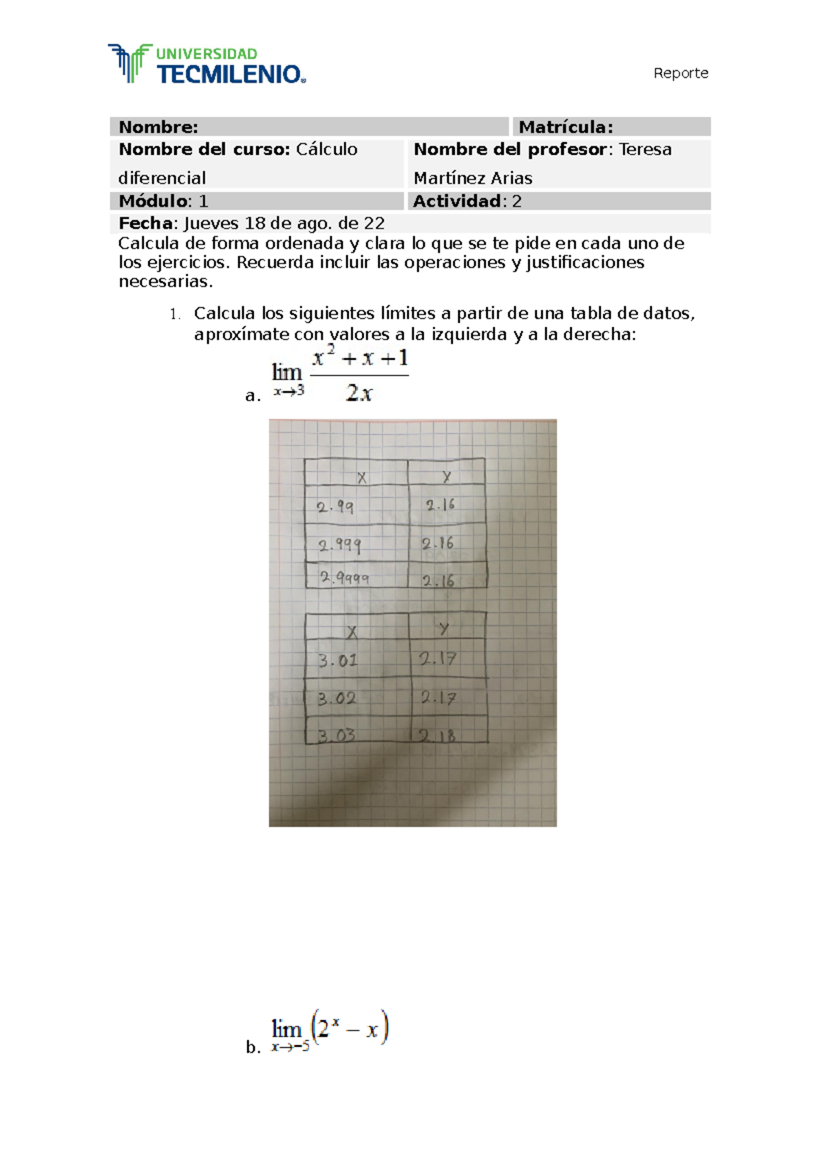 Act 2 Calculo Diferencial Nombre Matrícula Nombre Del Curso