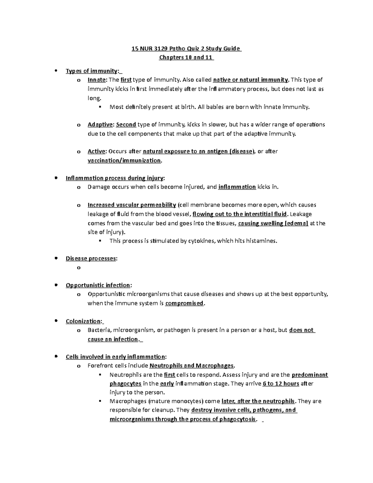 Quiz 2 Topics Study Guide 15 Nur 3129 Patho Quiz 2 Study Guide