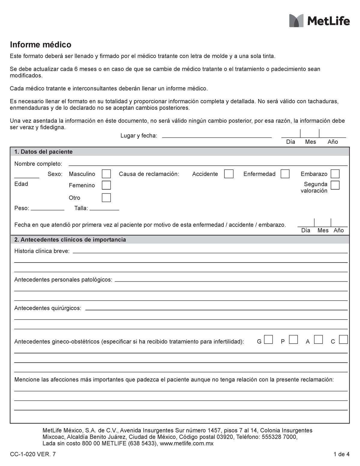 Informe Medico Metlife Metlife México S De C Avenida Insurgentes