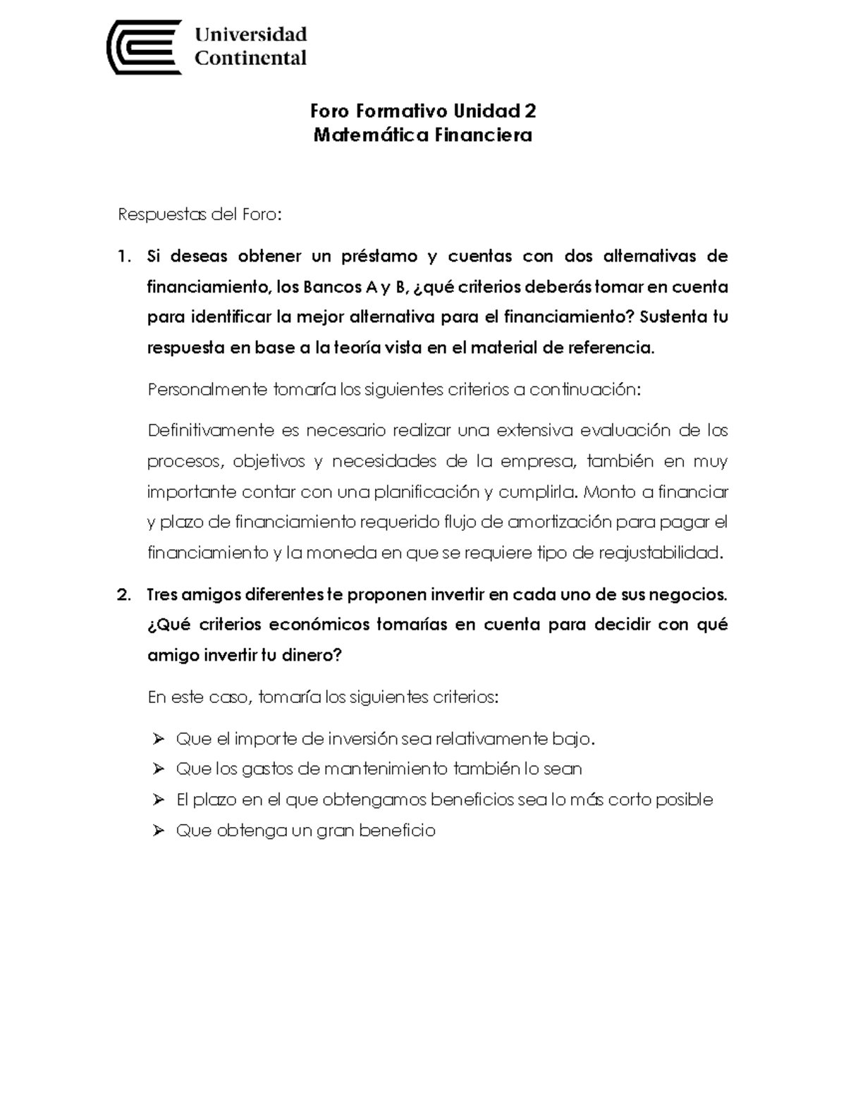 Foro Formativo Unidad 2 Matemática Financiera Foro Formativo Unidad 2