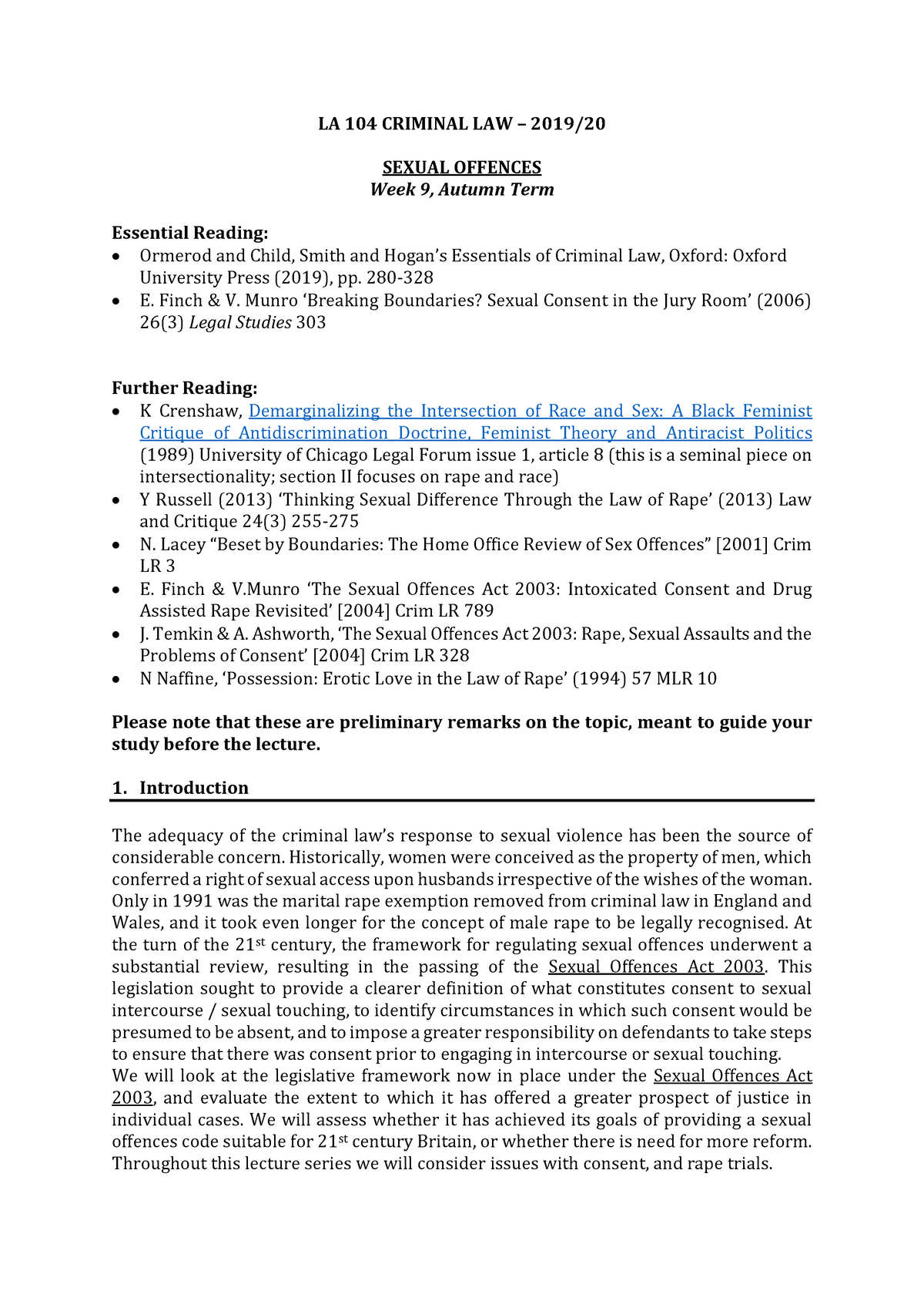 Week 9 Lecture Handout Sexual Offences I La 104 Criminal Law 2019