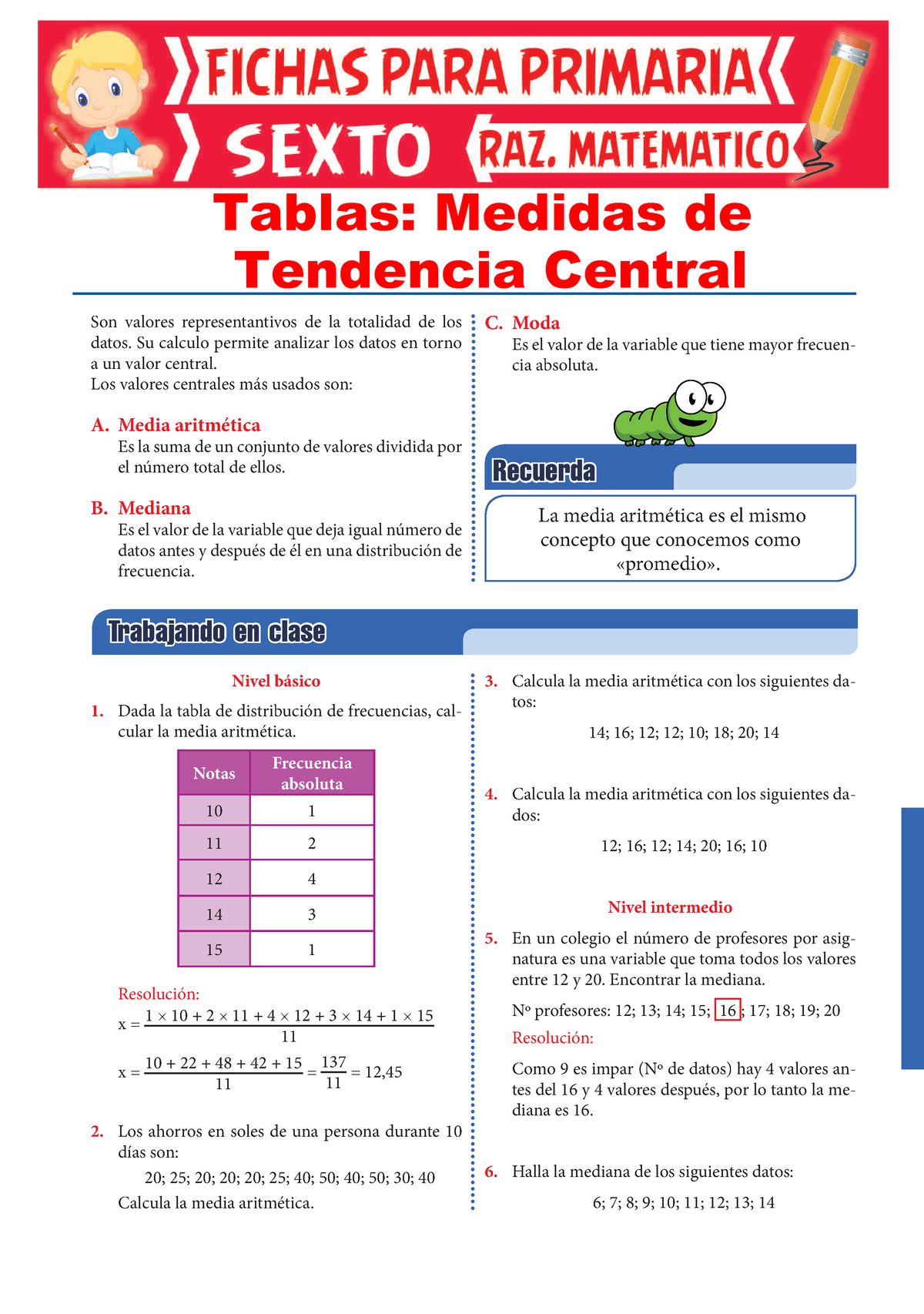 Medidas De Tendencia Central Para Sexto De Primaria Trabajando En