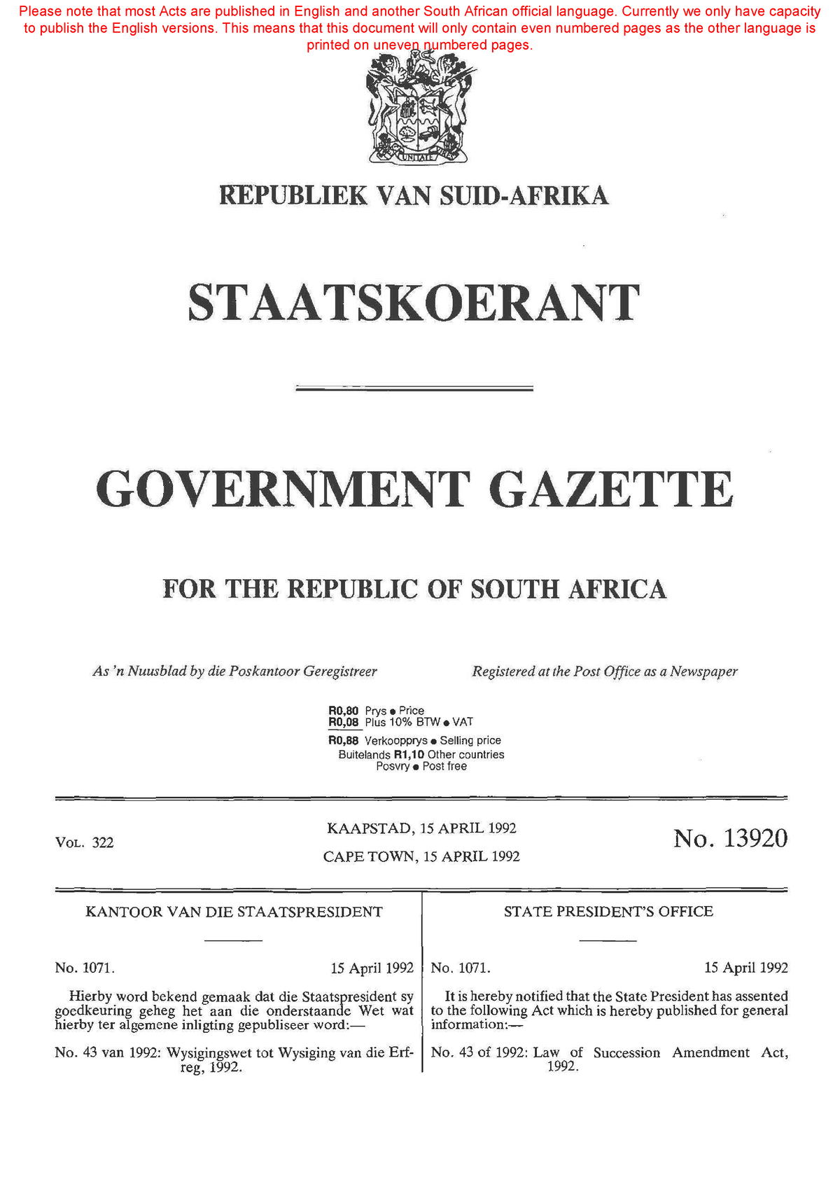 Act43of1992 Law Of Succession Amendment Act Republiek Van Suid Afrika