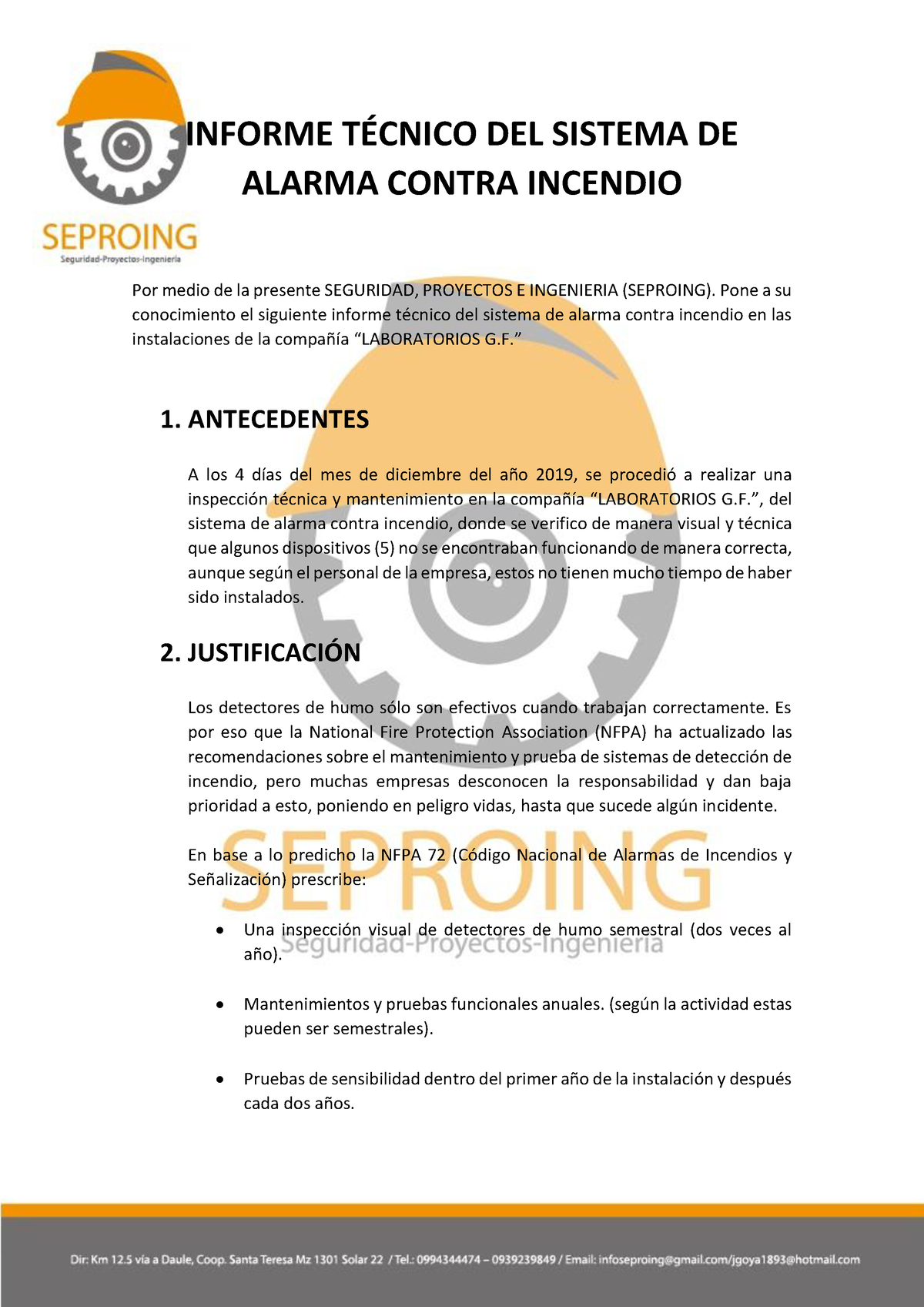 Informe Técnico Del Sistema De Alarma Contra Incendio 1 Informe