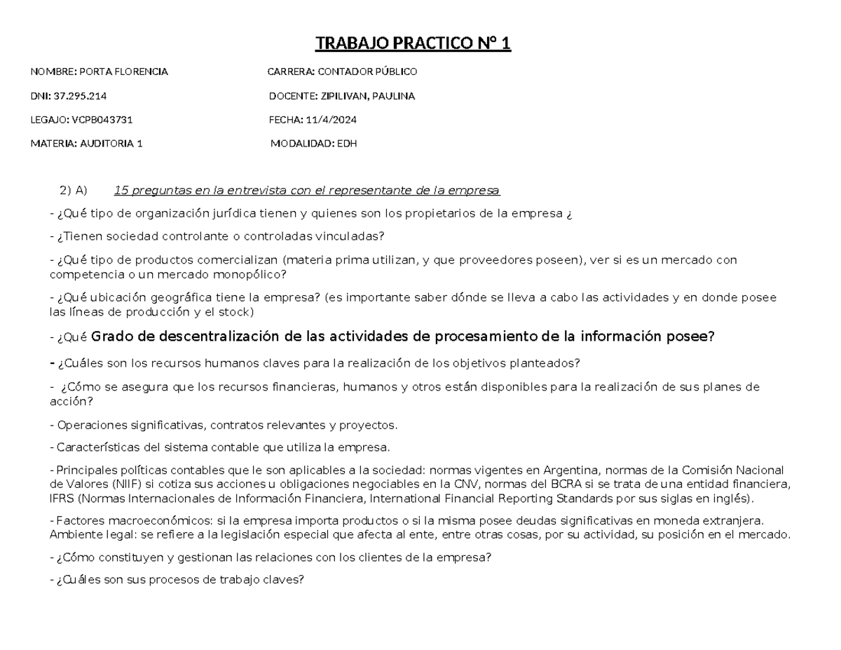 Tp 1 Auditoría 1 Trabajo Practico N° 1 Nombre Porta Florencia