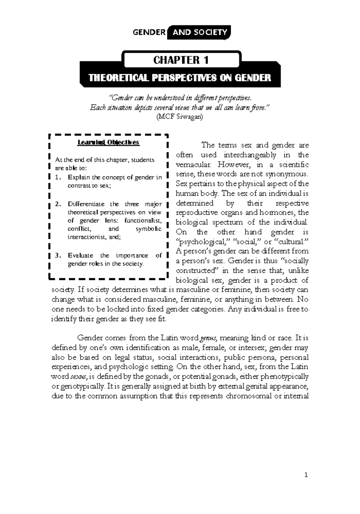 Gender And Society Lecture Notes 3 Theoretical Perspectives On