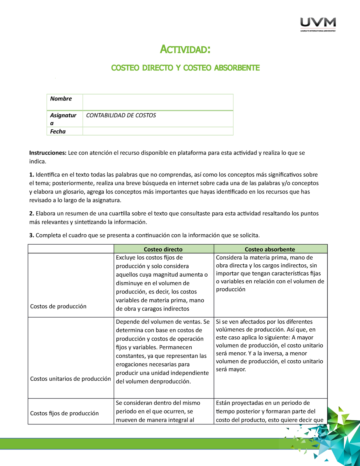 Cuadro Comparativo Act Actividad Costeo Directo Y Cos