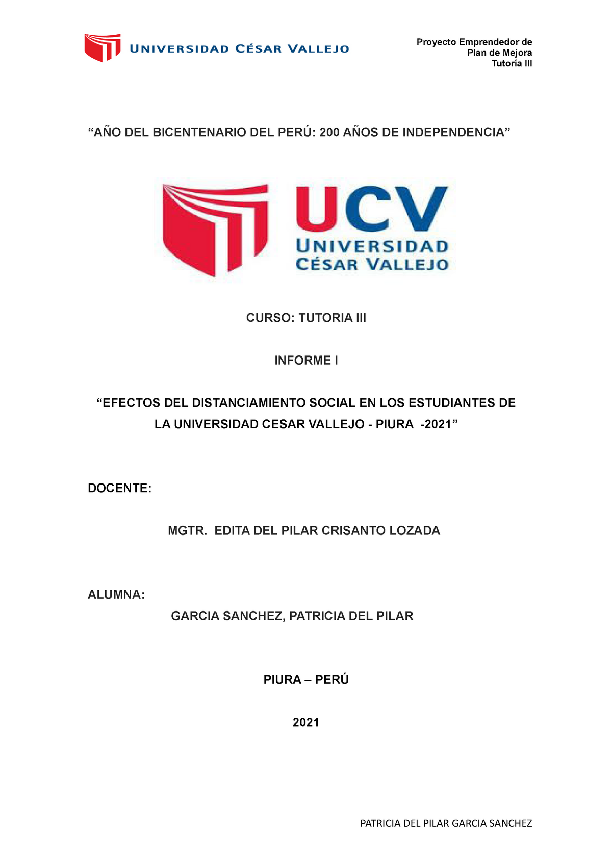 Informe I Plan De Mejora Tutoría Iii AÑo Del Bicentenario Del PerÚ