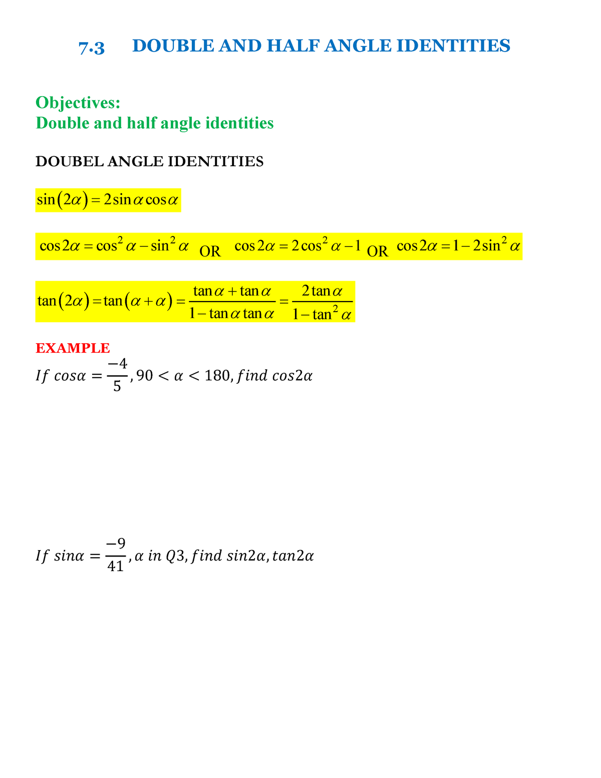 7 Lecture Notes 5 7 Double And Half Angle Identities Objectives