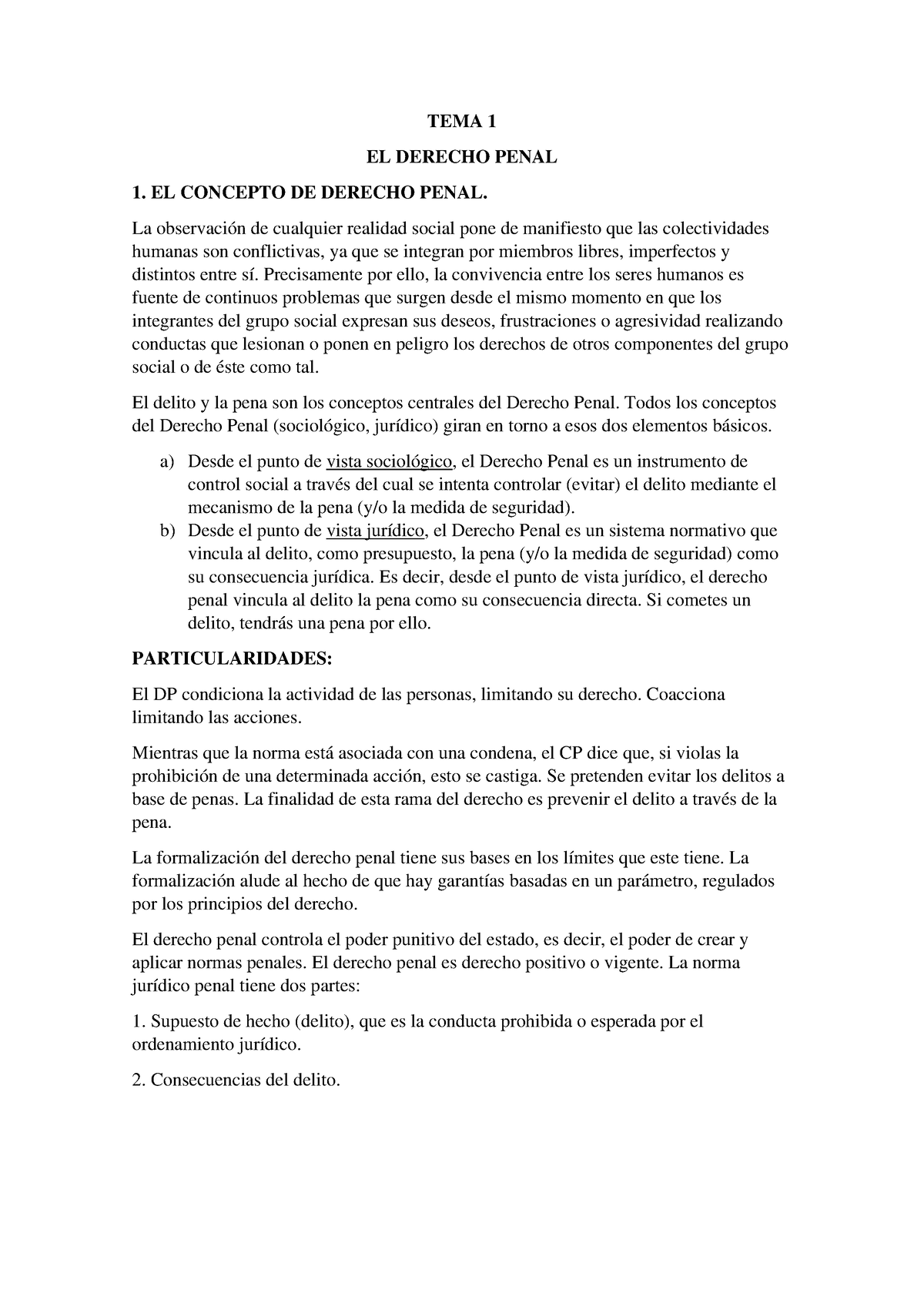 Tema 1 Apuntes Completo Tema 1 El Derecho Penal 1 El Concepto De