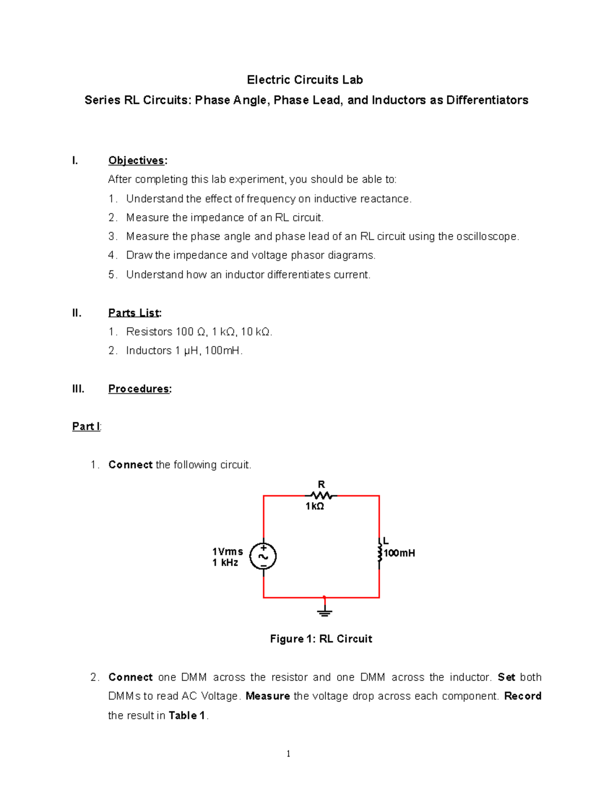 Week 2 Lab 2 Series Rl Circuits Instructions Electric Circuits Lab