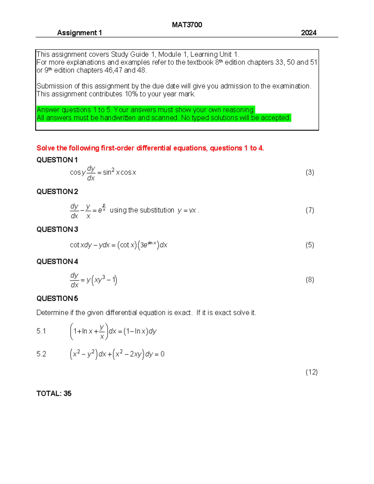 2024 Mat3700 Assignment 1 Mat Assignment 1 2024 This Assignment